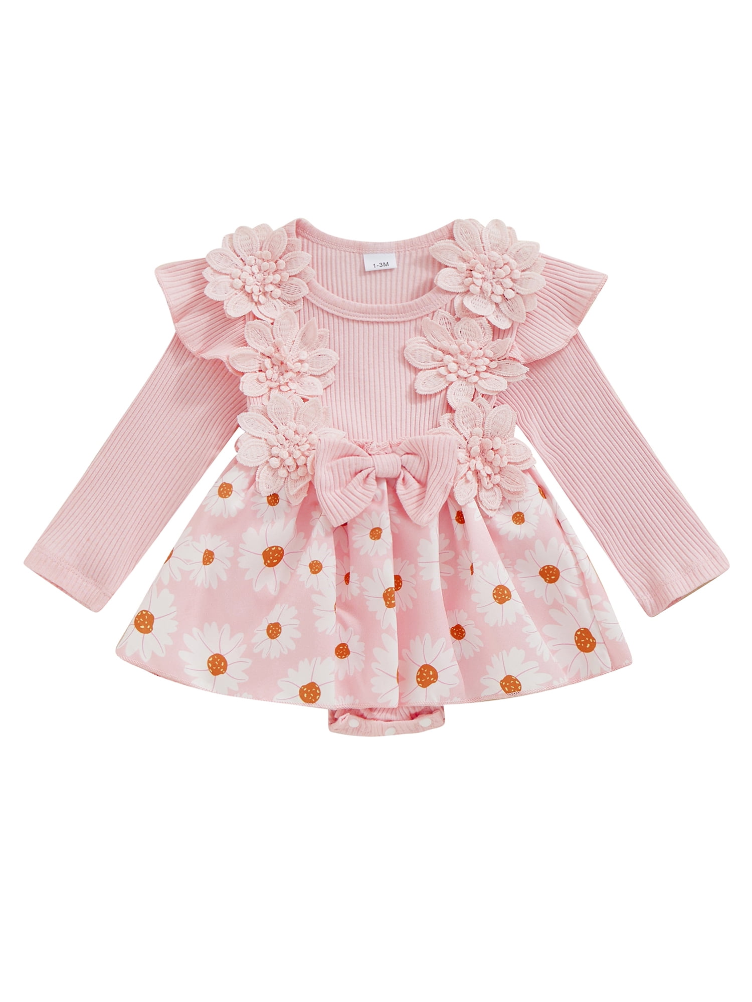 Michellecmm Baby Girls Ribbed Romper Long Sleeve Flower Print Romper ...