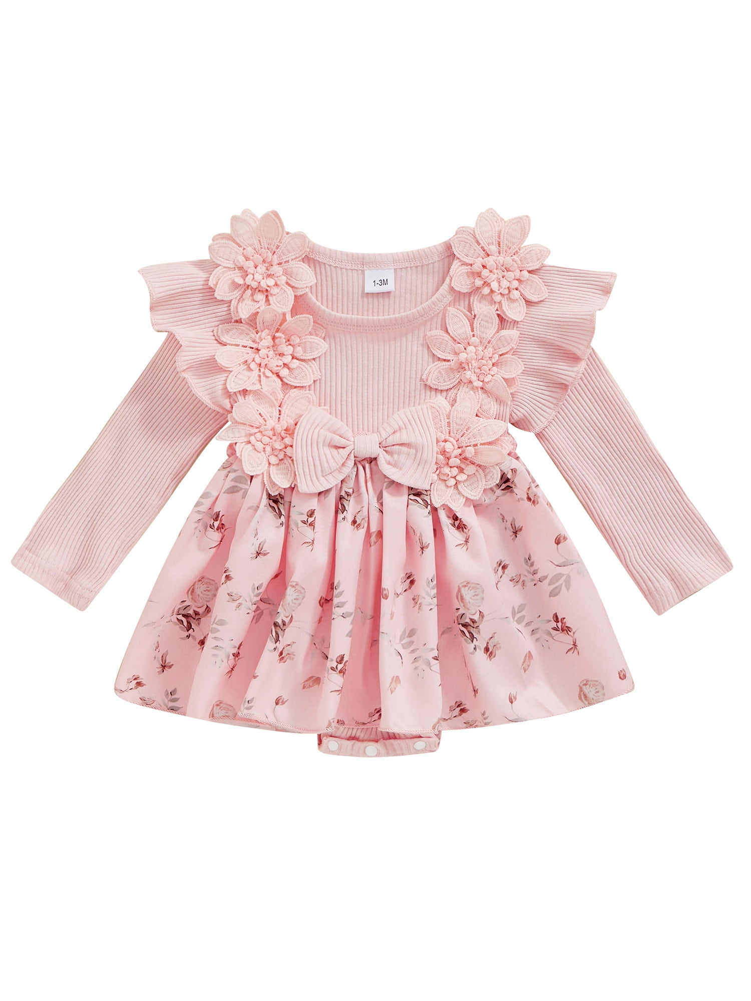 Michellecmm Baby Girls Ribbed Romper Long Sleeve Flower Print Romper ...