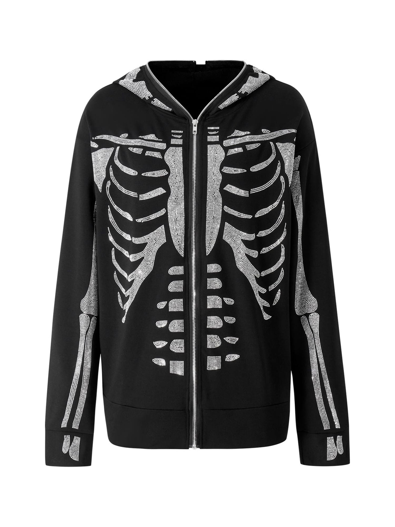 Michellecmm Female Rhinestones Skeleton Print Long Sleeve Hooded Tops ...