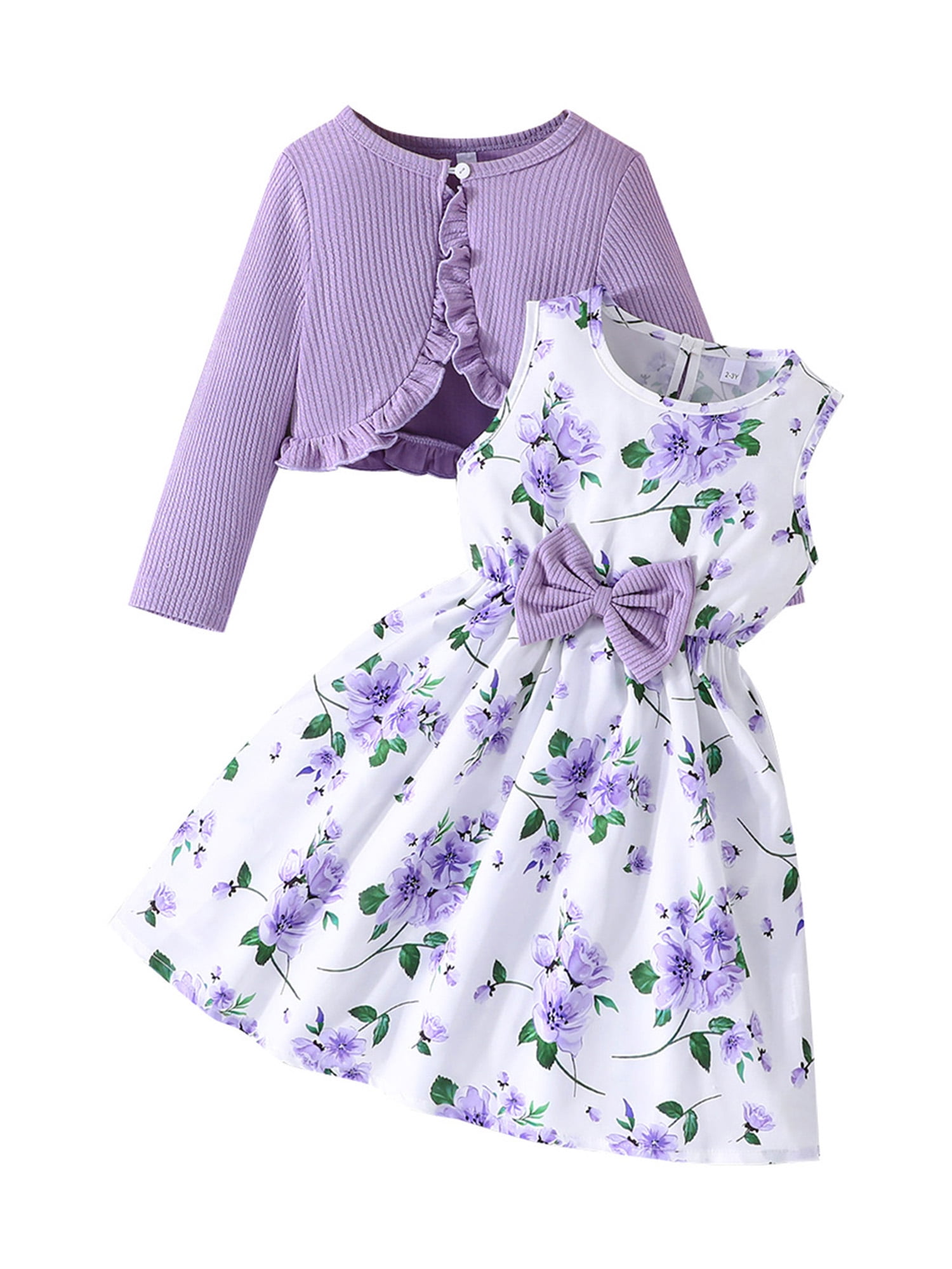 Michellecmm Girl Dress Set Floral Bow A-Line Tank Dress Ruffled Ribbed ...
