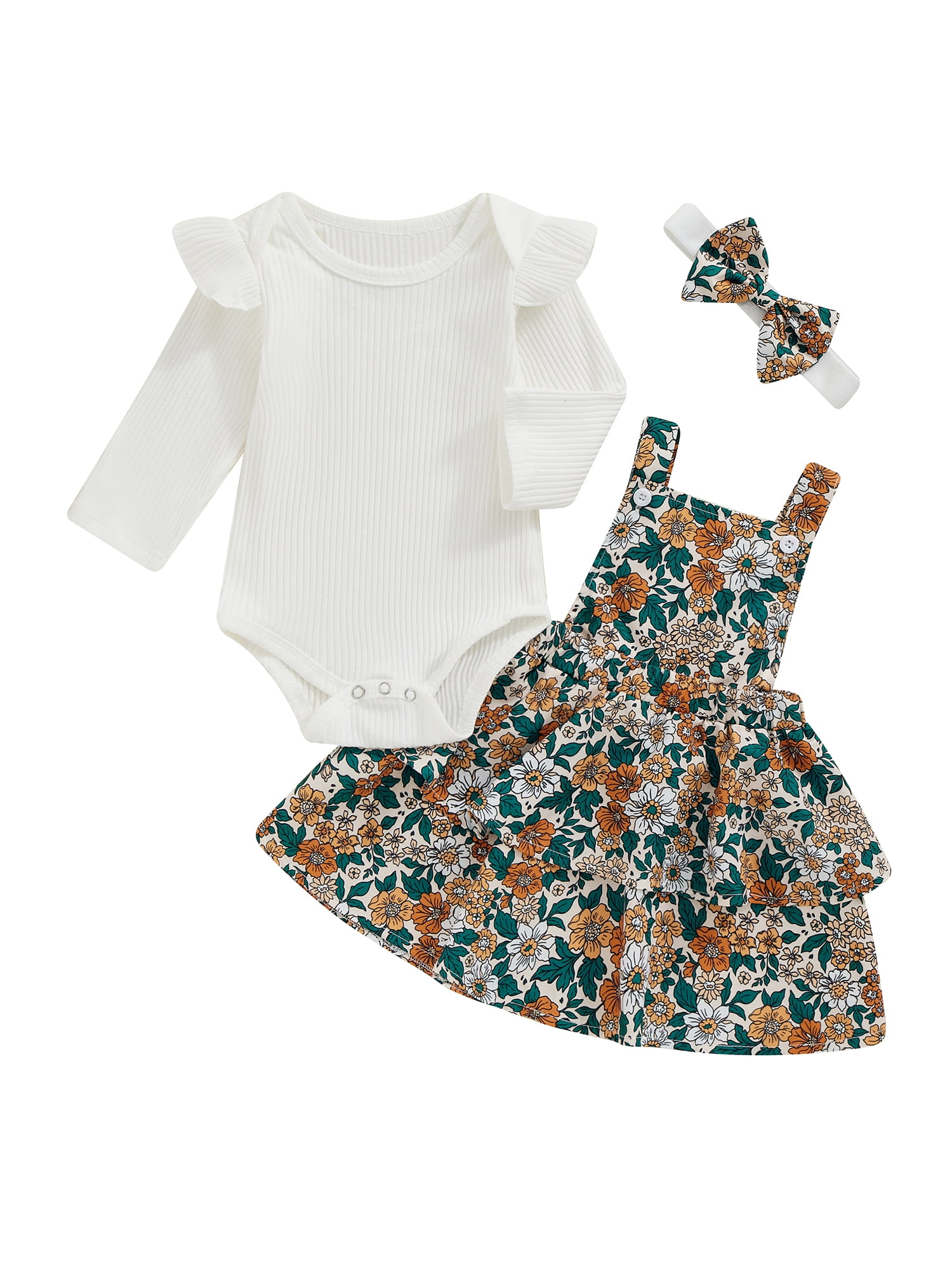 Michellecmm Girl Dress Set Flying Sleeve Romper Floral Suspender Dress ...