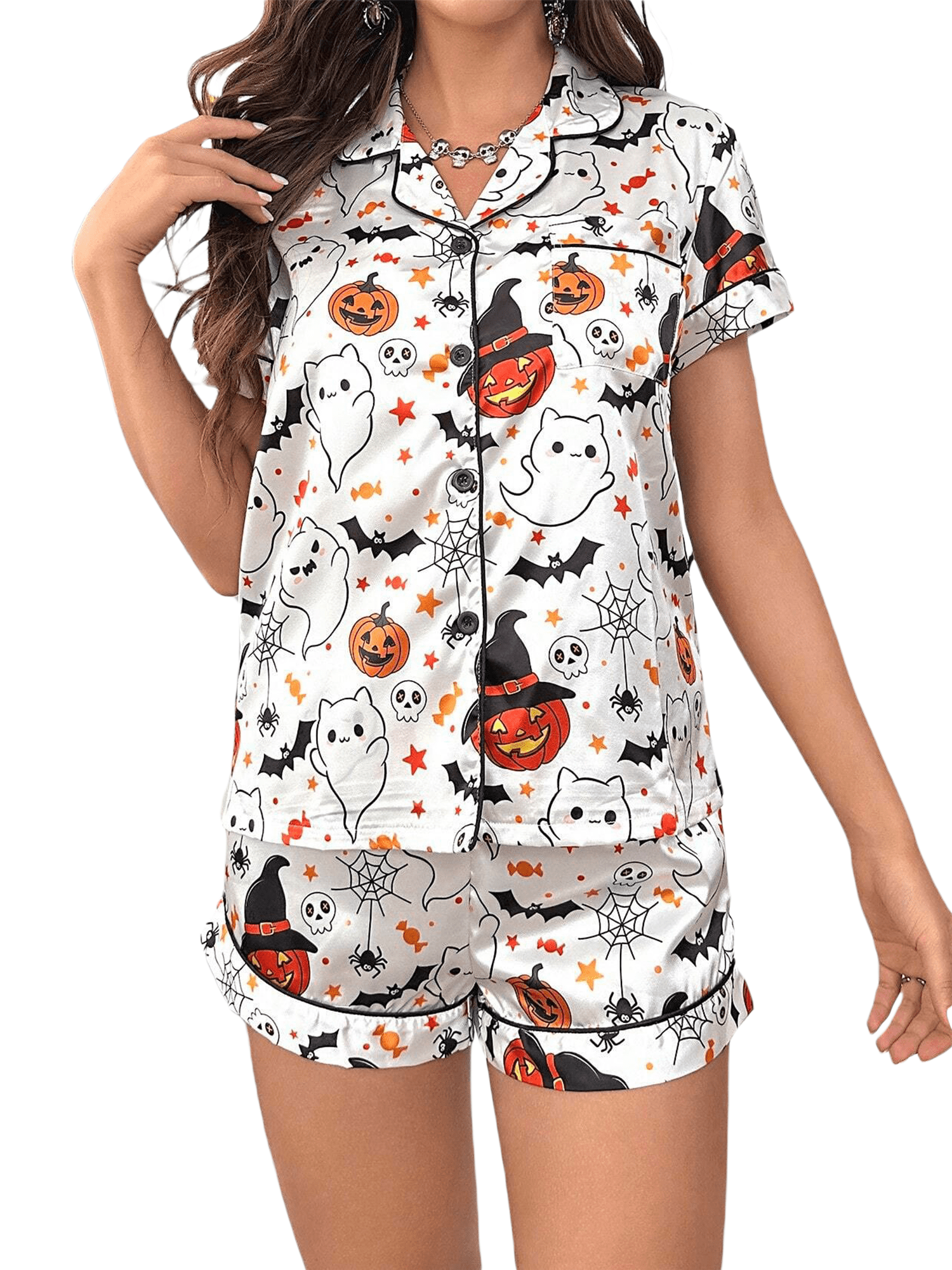 Michellecmm Halloween Pajama Set for Women Ghost Pumpkin Print Short ...