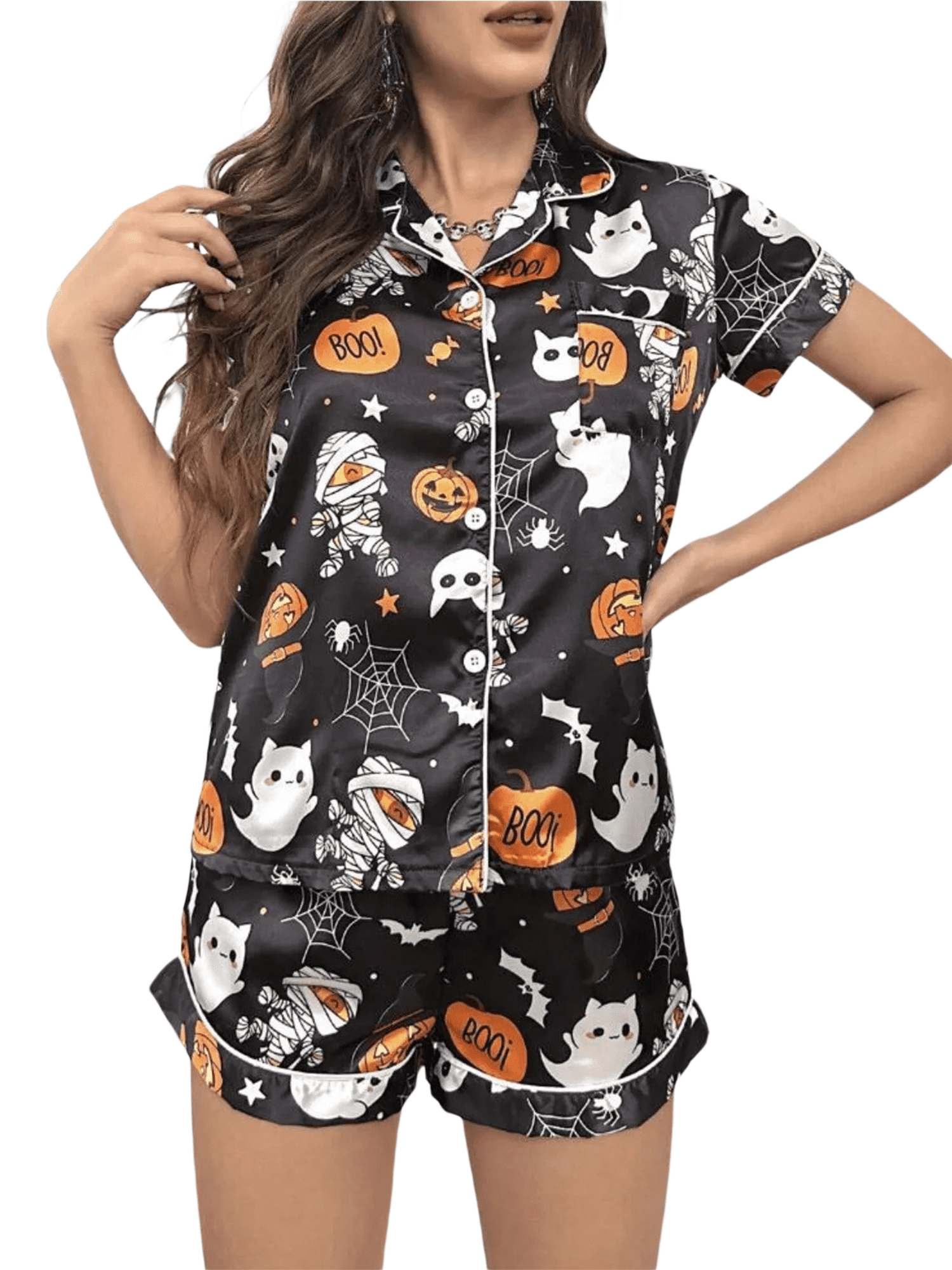 Michellecmm Halloween Pajama Set for Women Ghost Pumpkin Print Short ...