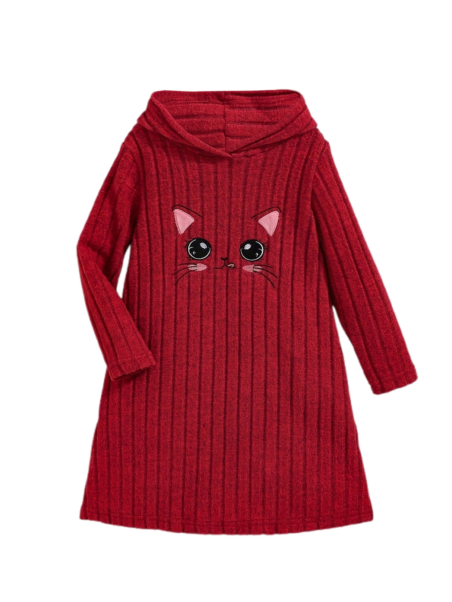 Michellecmm Little Girl Knit Dress Cat Embroidery Ribbed Long Sleeve ...
