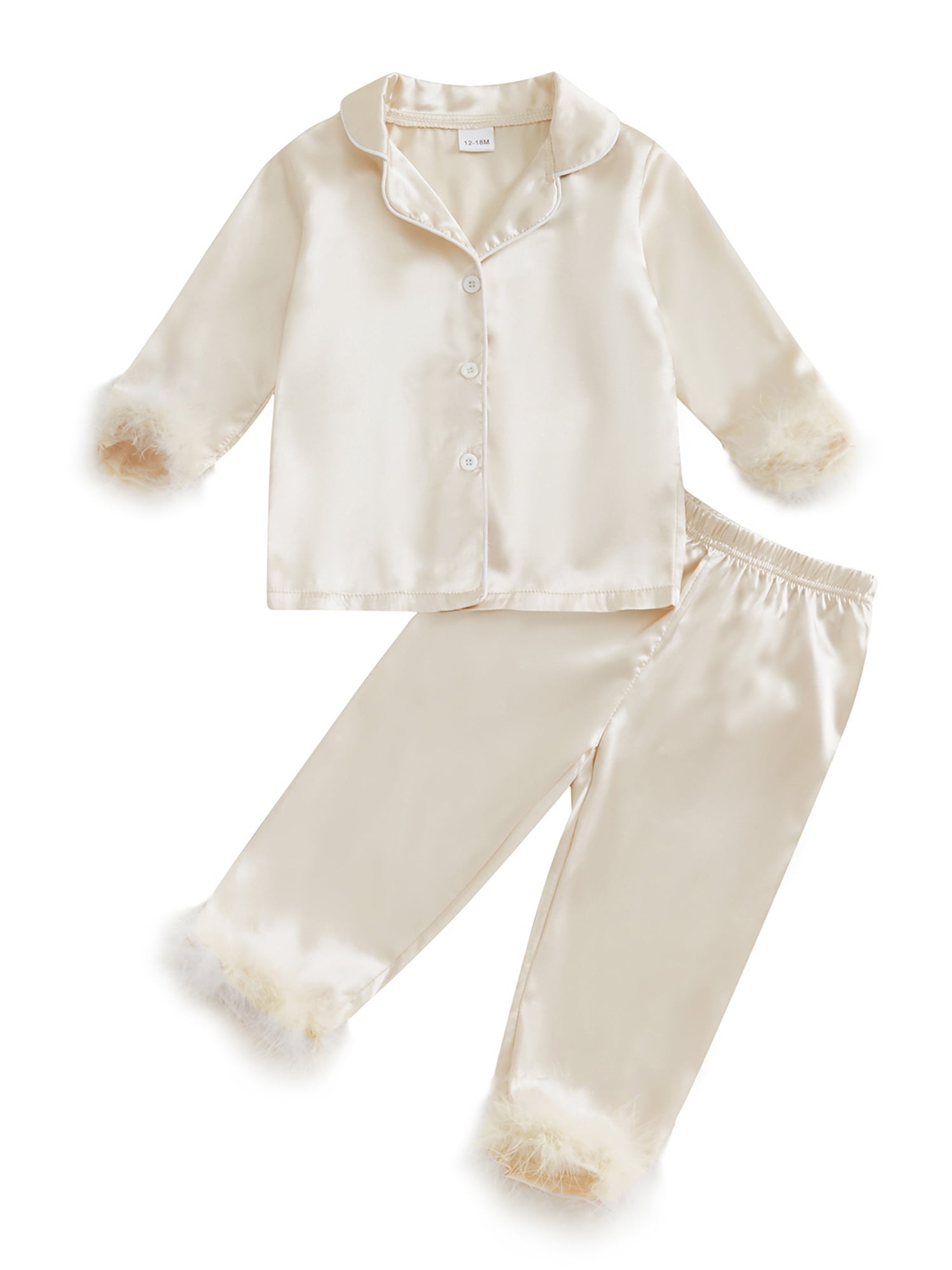 Michellecmm Little Girl Satin Pajama Set, Fuzzy Trim Long Sleeve Tops ...