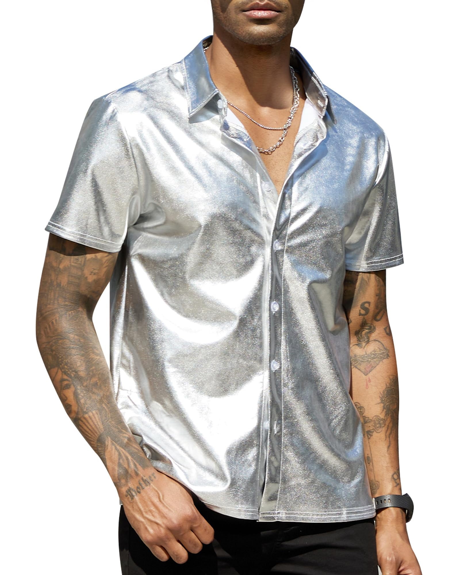 Michellecmm Men Metallic Button Down Shirts Shiny Short Sleeve Lapel ...