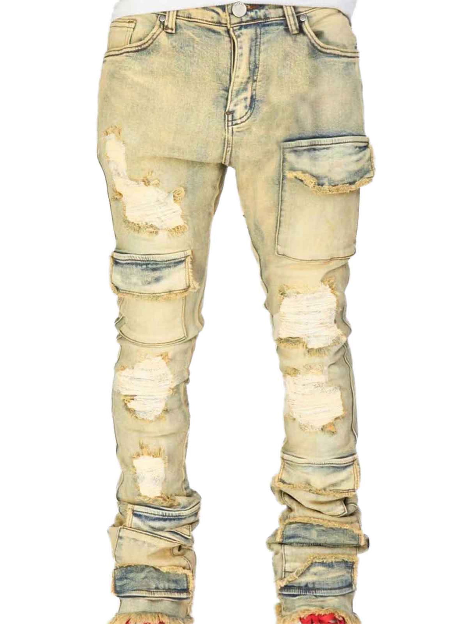 Michellecmm Men Ripped Denim Pants Distressed Skinny Cargo Pants Casual ...