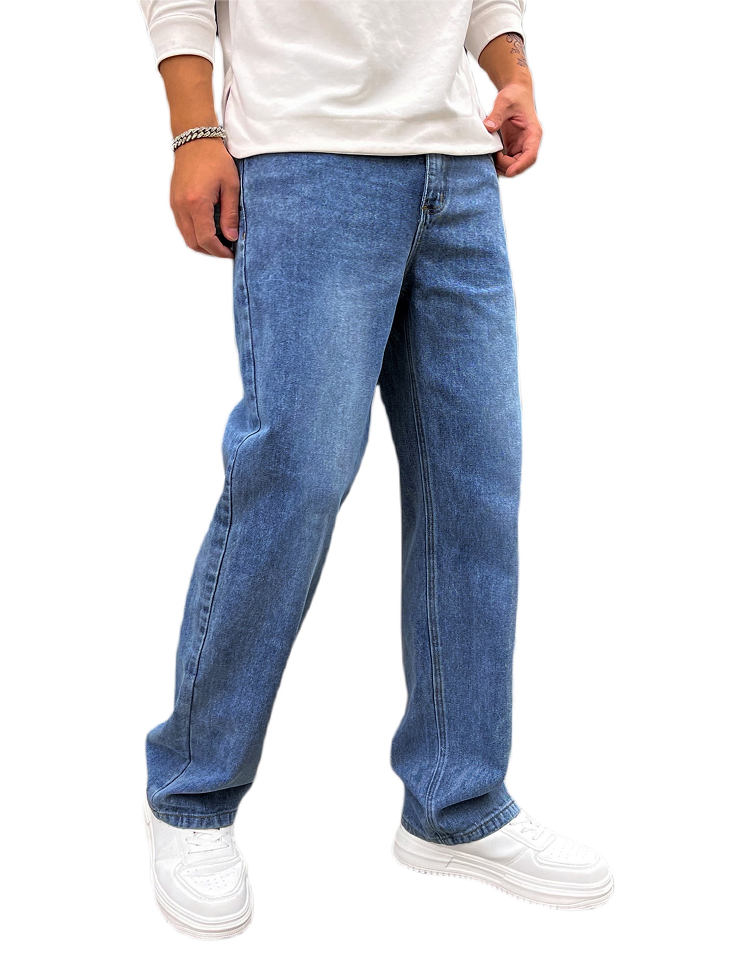 Michellecmm Men's Denim Pull-On Jeans Pockets Full Length Pants Baggy ...