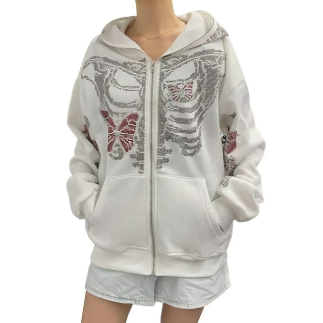 Michellecmm Rhinestones Skull Butterfly Skeleton Print Long Sleeve ...