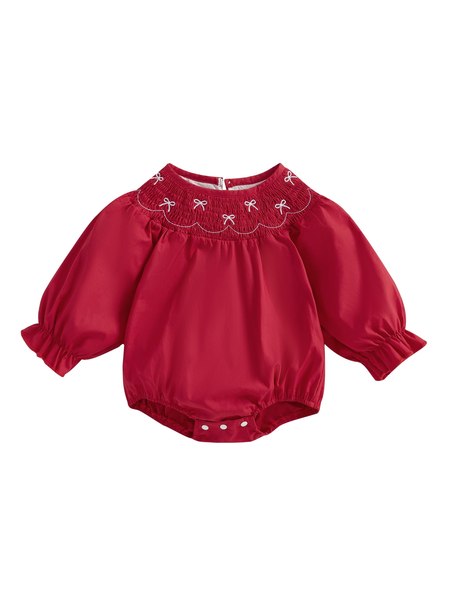 Michellecmm Toddler Baby Girl Smocked Romper Bow Embroidery Round Neck Long Sleeve Bubble ...