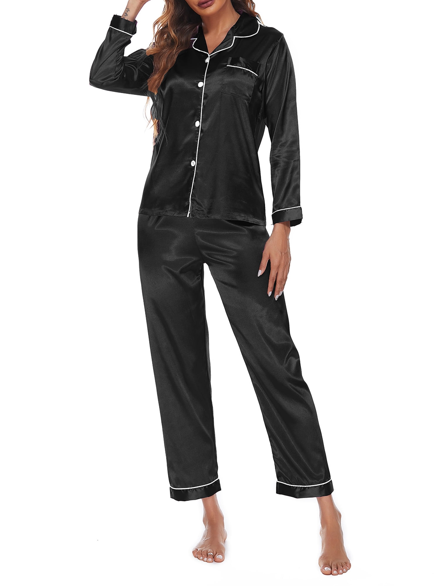 Michellecmm Women 2 Piece Satin Pajama Set Long Sleeve Button Tops And