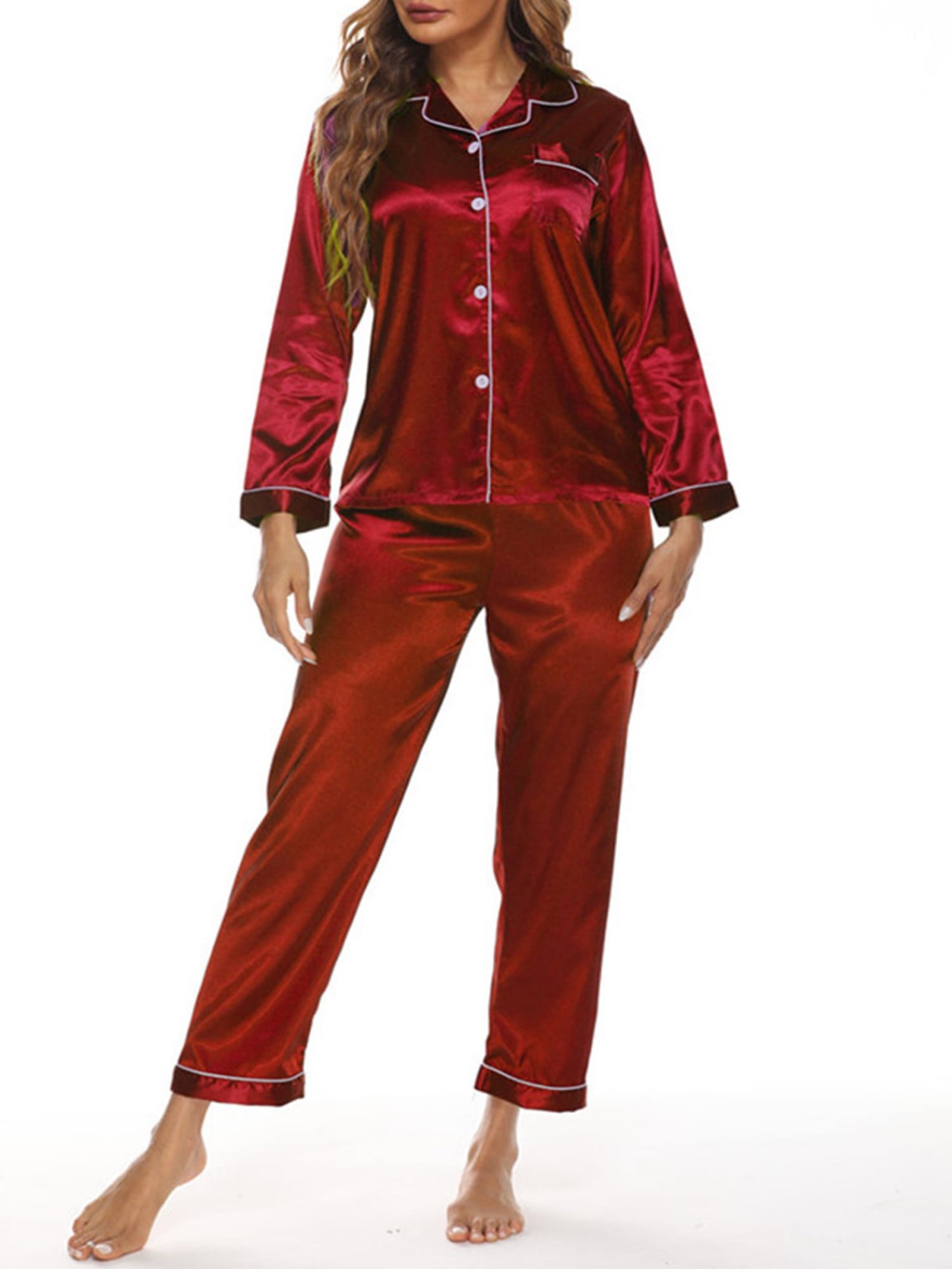 Michellecmm Women 2 Piece Satin Pajama Set Long Sleeve Button Tops And