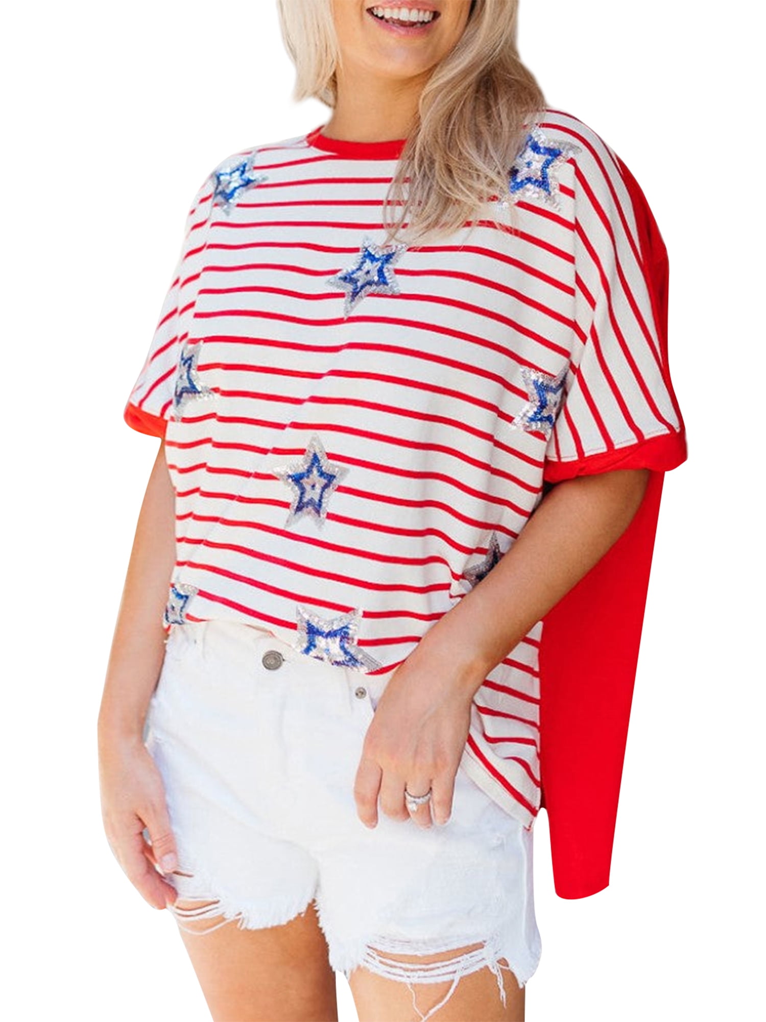 Michellecmm Women 4th of July Tops Striped Sequin Star Short Sleeve ...