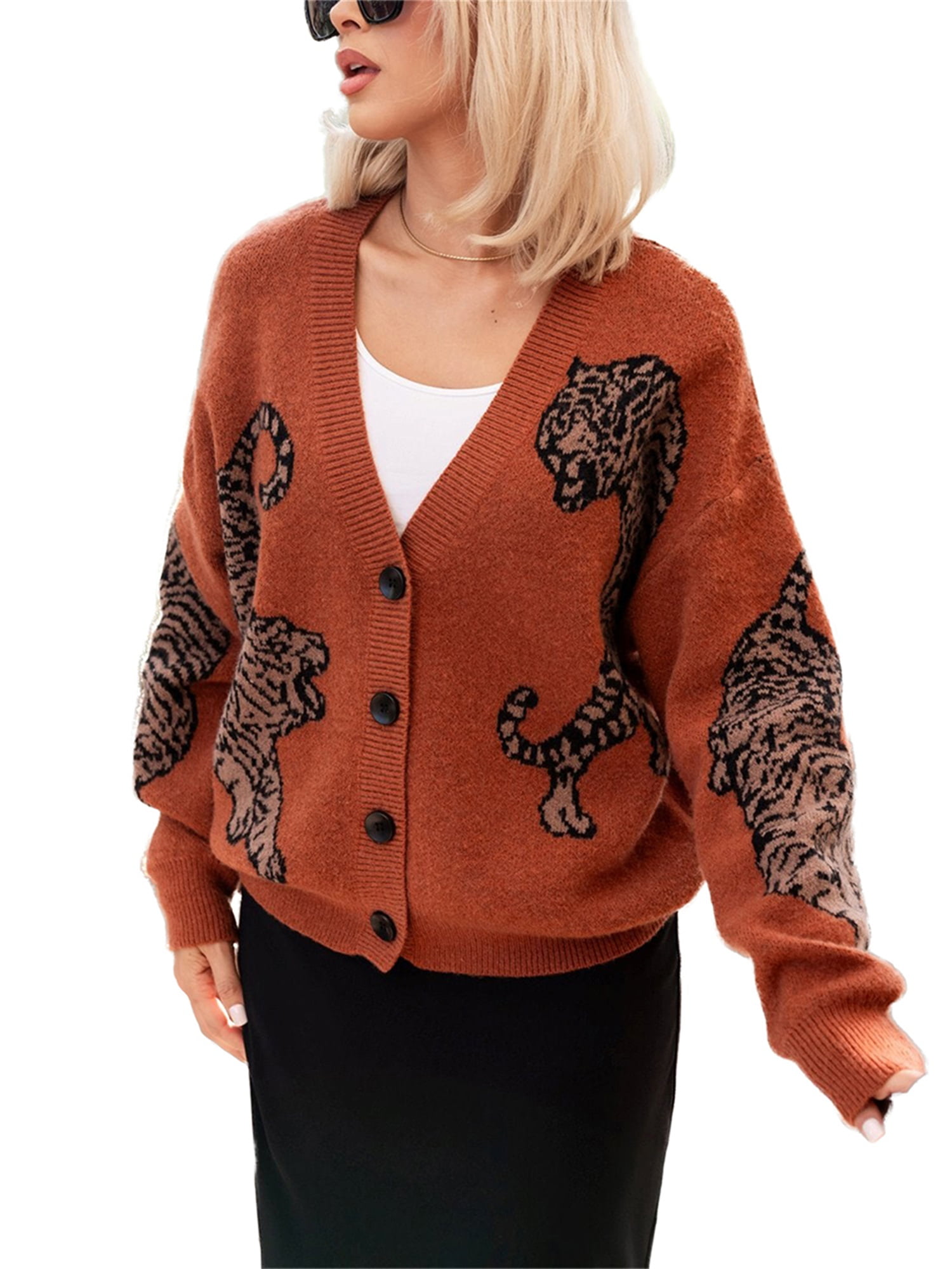 Michellecmm Women Button up Sweaters Casual Lightweight Tiger Print ...