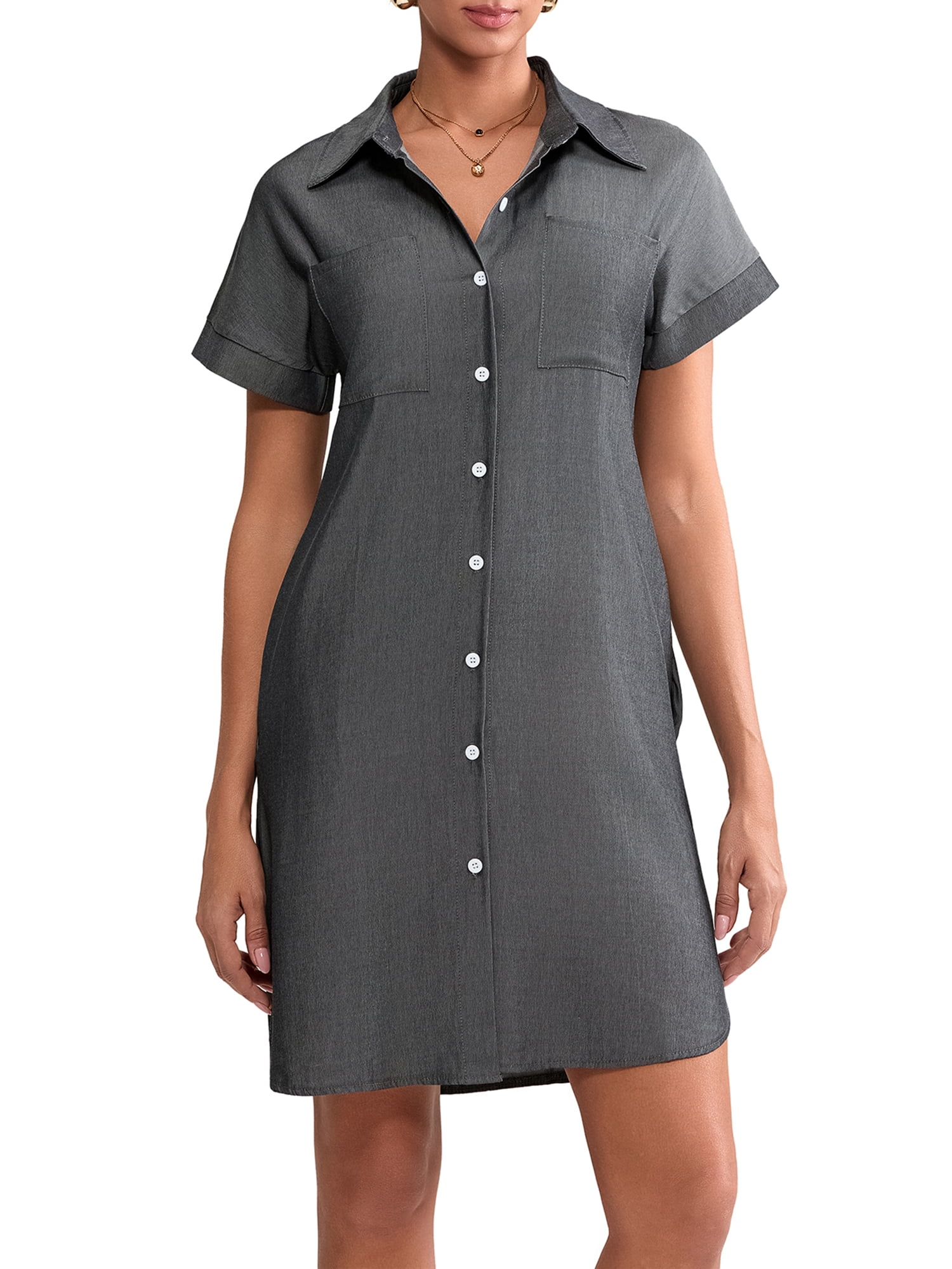 Michellecmm Women Denim Shirt Dress Button-down Pocket Curved Hemline ...