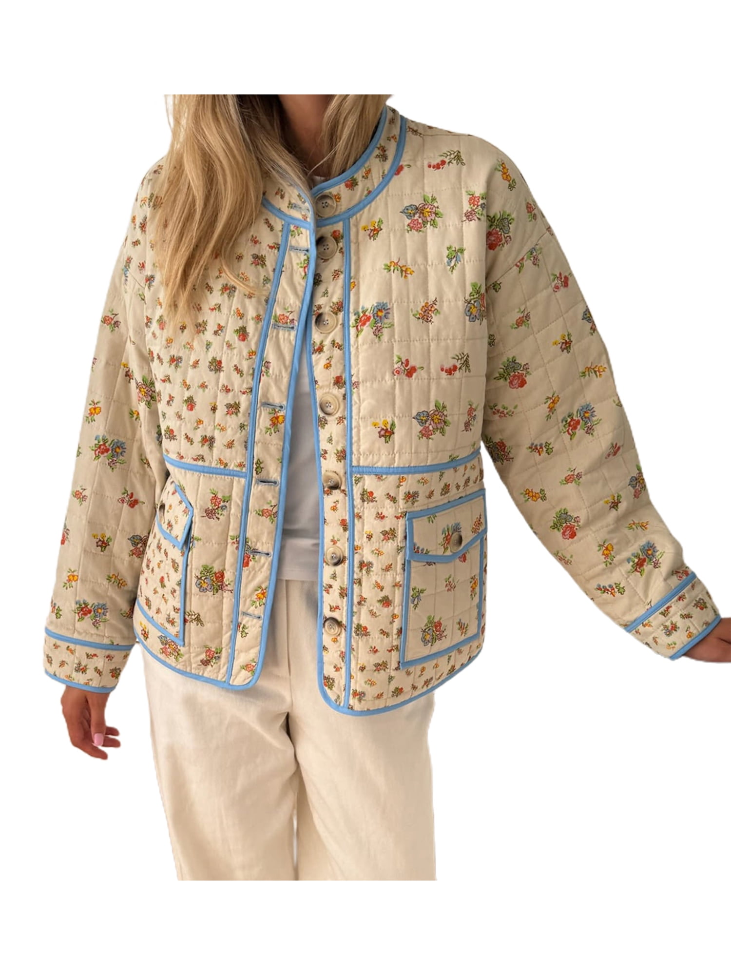 Michellecmm Women Fall Quilted Jacket Lightweight Floral Print Button Cardigan - Walmart.com