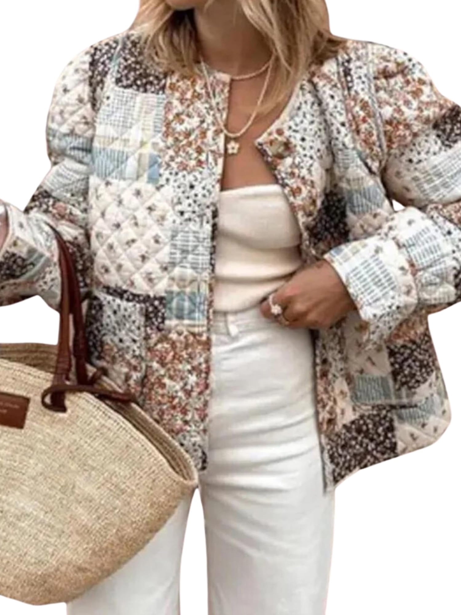 Michellecmm Women Fall Quilted Jacket Lightweight Floral Print Button ...