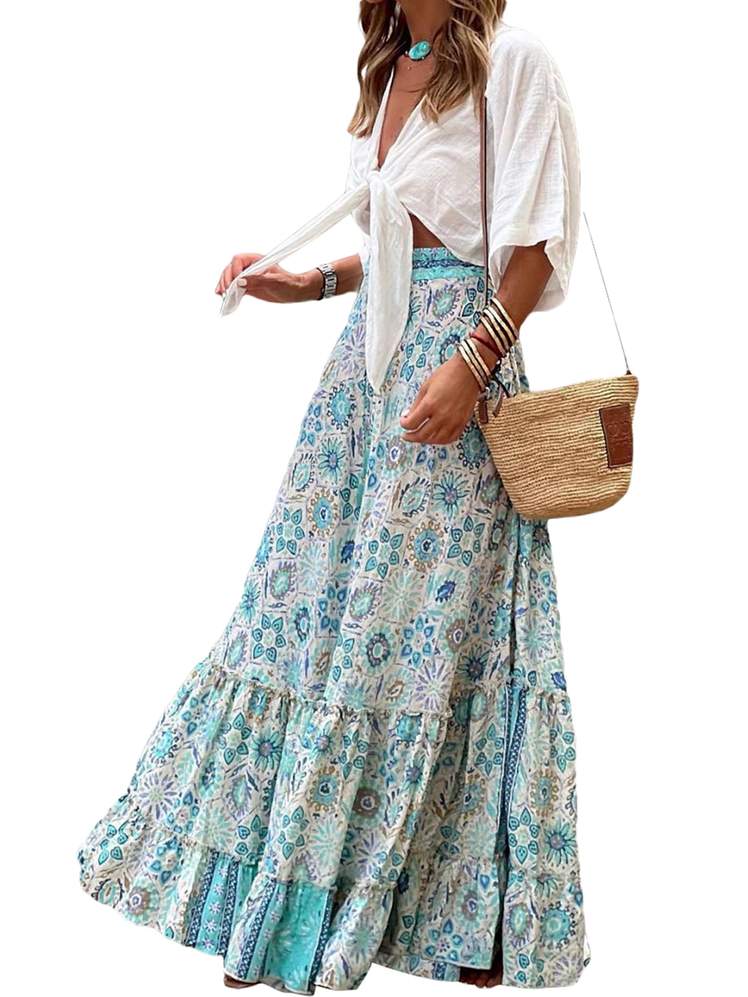 Michellecmm Women Flowy Boho Skirt Printed Ruffled Hem Summer Casual ...