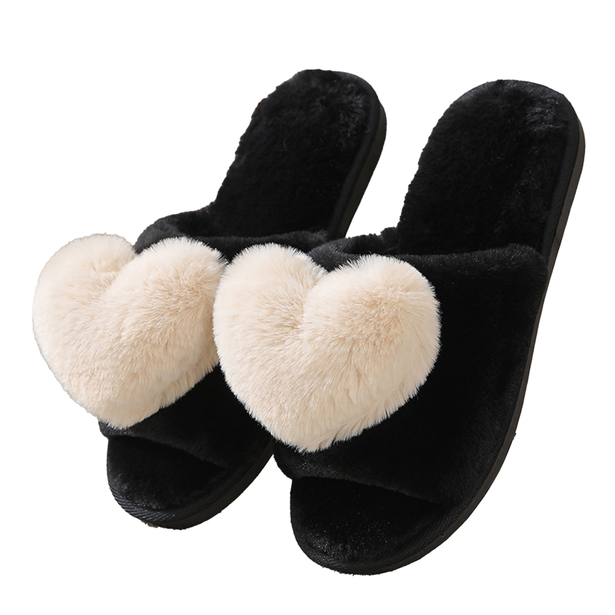 Michellecmm Women Fuzzy Slippers 3D Heart Open Toe Non-slip Soft Sole ...