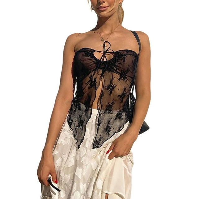 Michellecmm Women Lace Tube Top Strapless Backless Lacing Patchwork