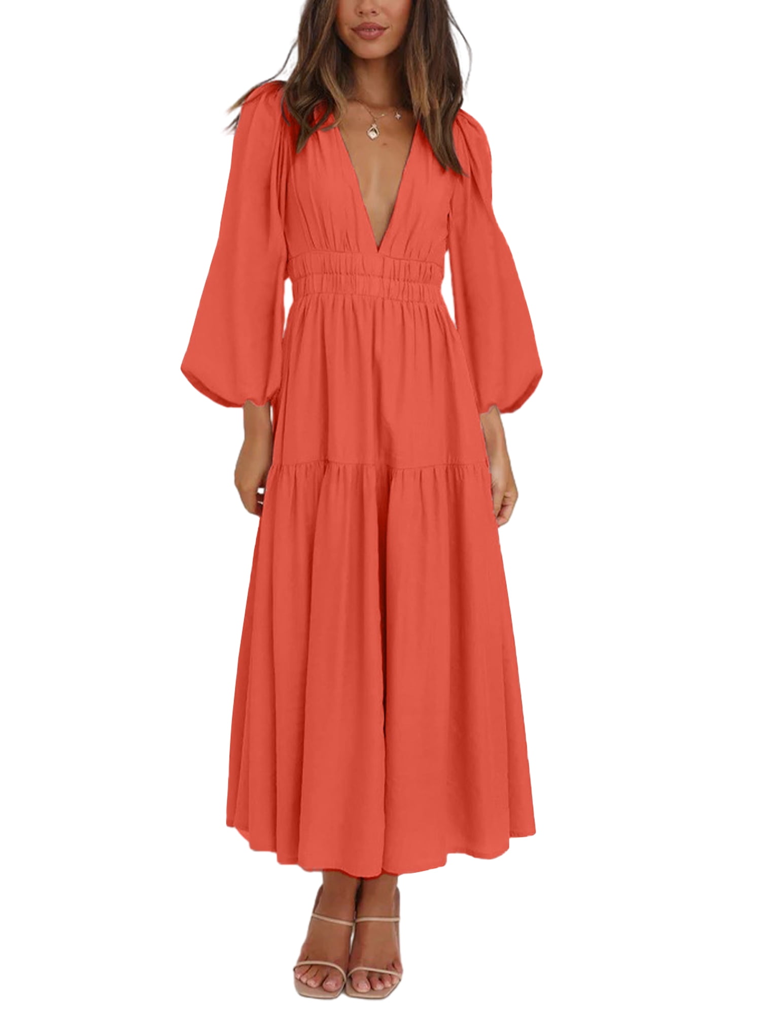 Michellecmm Women Long Dress Solid Color V-Neck Long Sleeve Big Swing ...