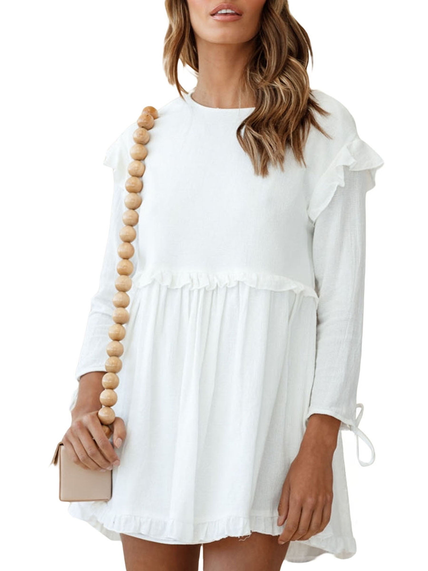 Michellecmm Women Long Sleeve Dress Casual Solid Color Loose Ruffle ...