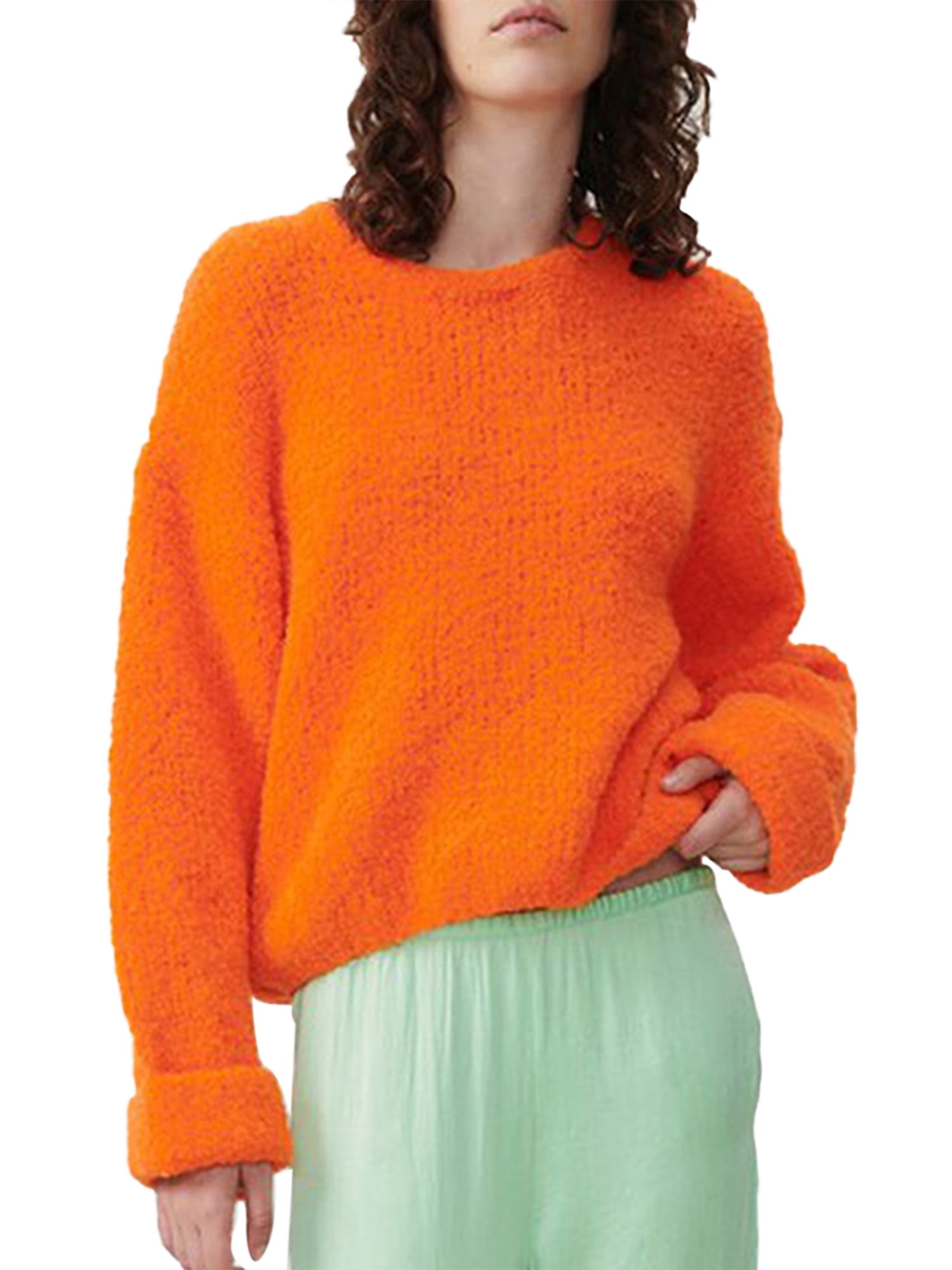 Michellecmm Women Loose Knit Sweater Sweet Solid Color Long Sleeve ...
