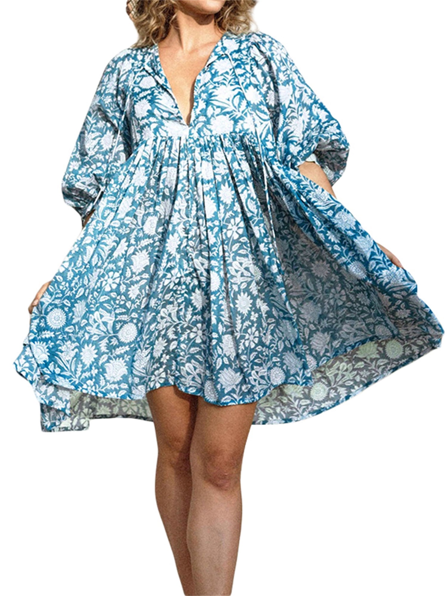 Michellecmm Women Mini Dress, Half Sleeve Lacing Flower Print Pleated ...
