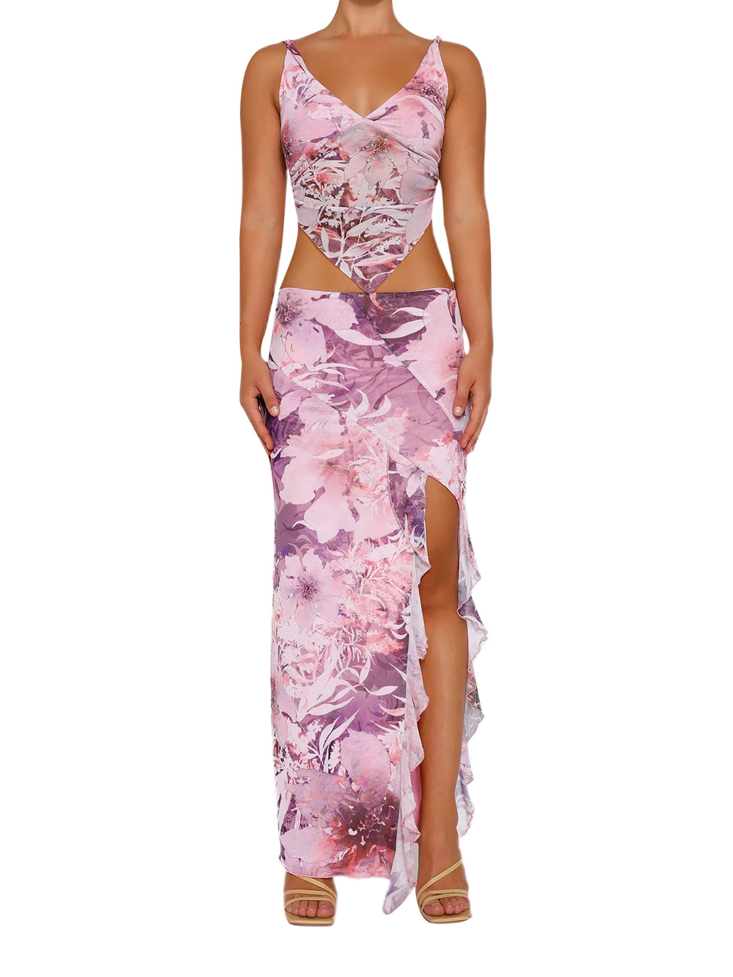 Michellecmm Women Off Shoulder Floral Vest + Summer Casual Long Skirt ...