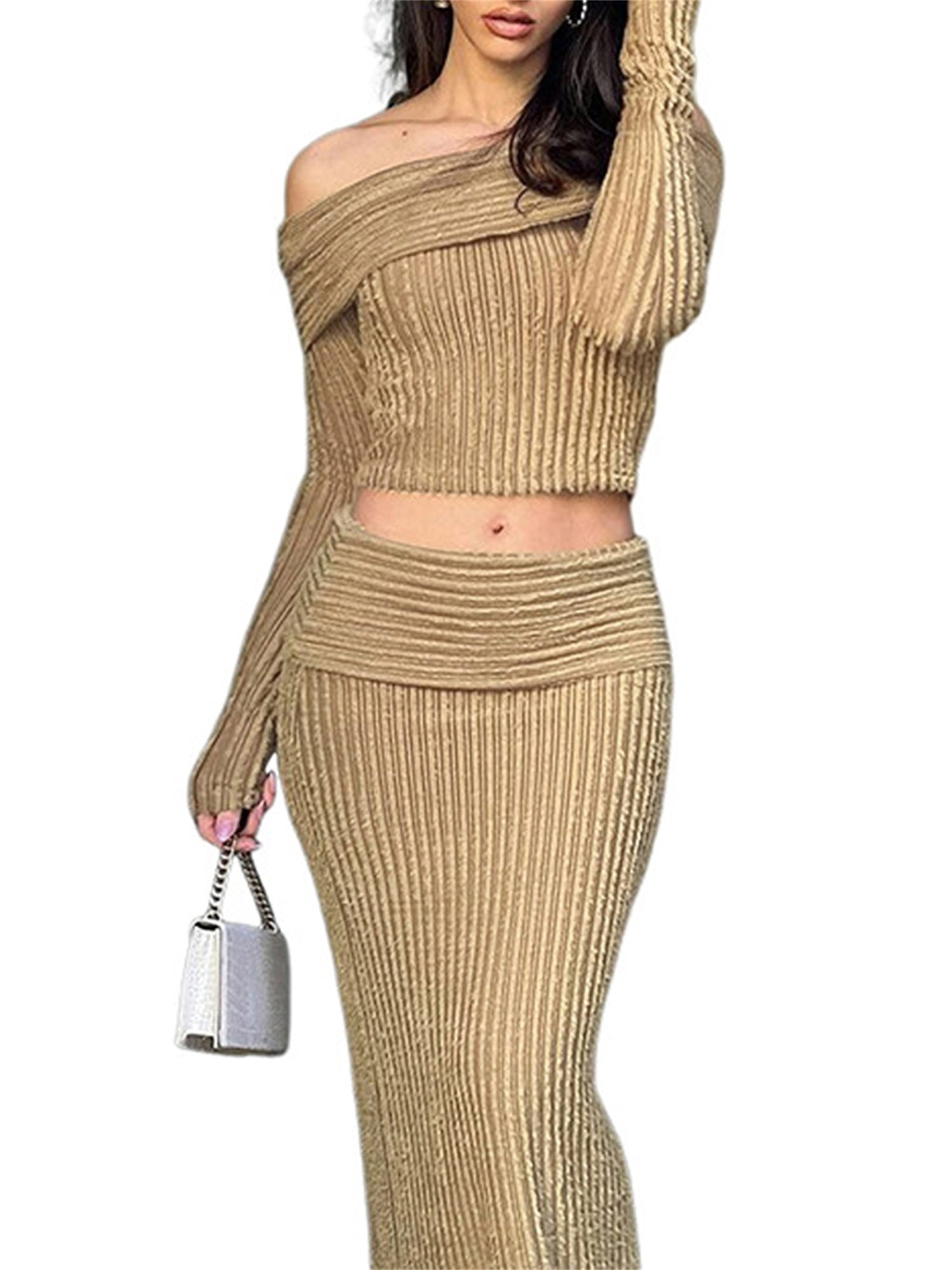 Michellecmm Women Ribbed Knit Set Off-Shoulder Long Sleeve Crop Tops ...