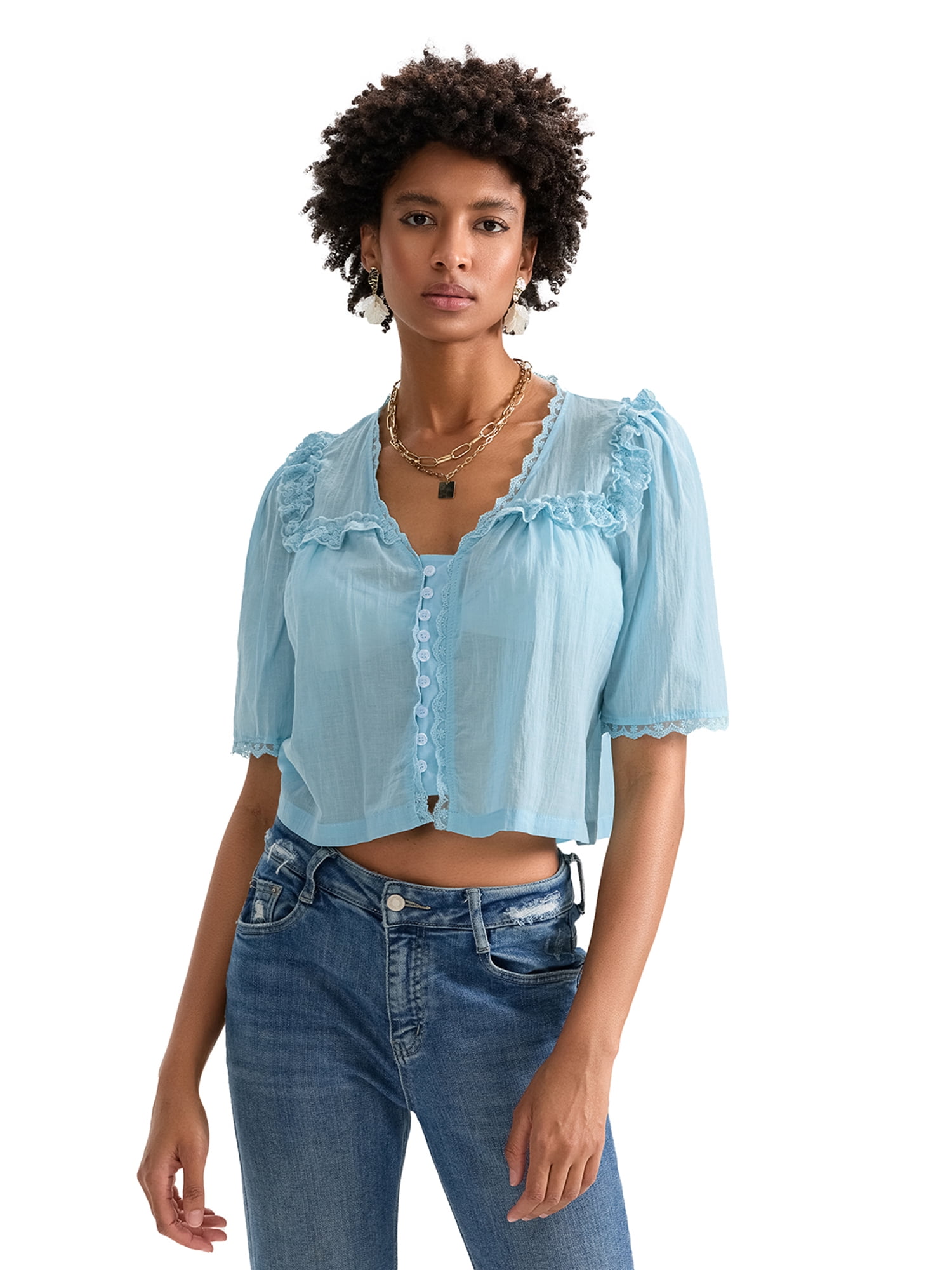 Michellecmm Women Short Sleeve Shirts Lace Ruffles Buttons Fashion ...