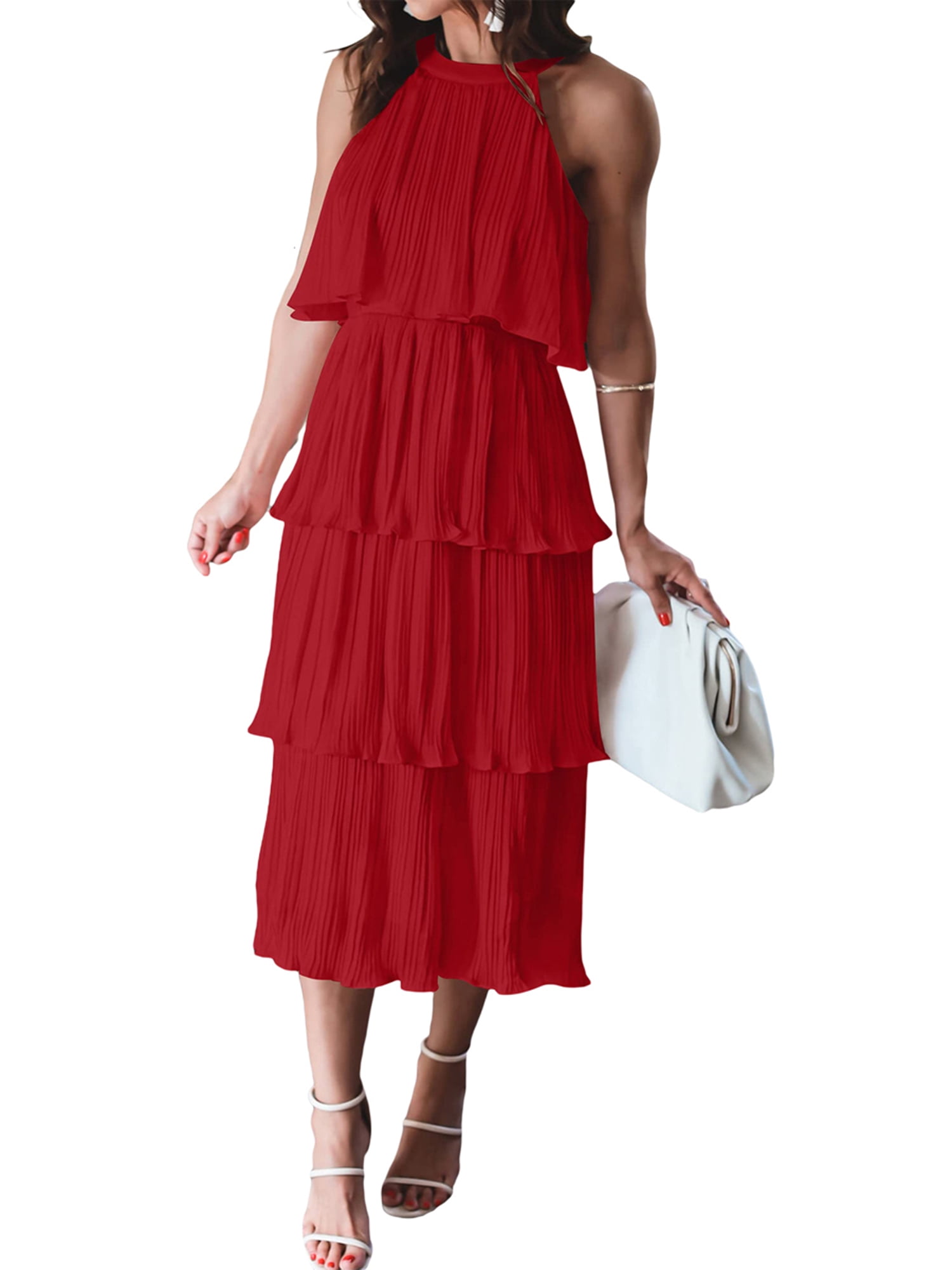 Michellecmm Women Sleeveless Pleated Dress Layered Ruffles Hem Summer ...