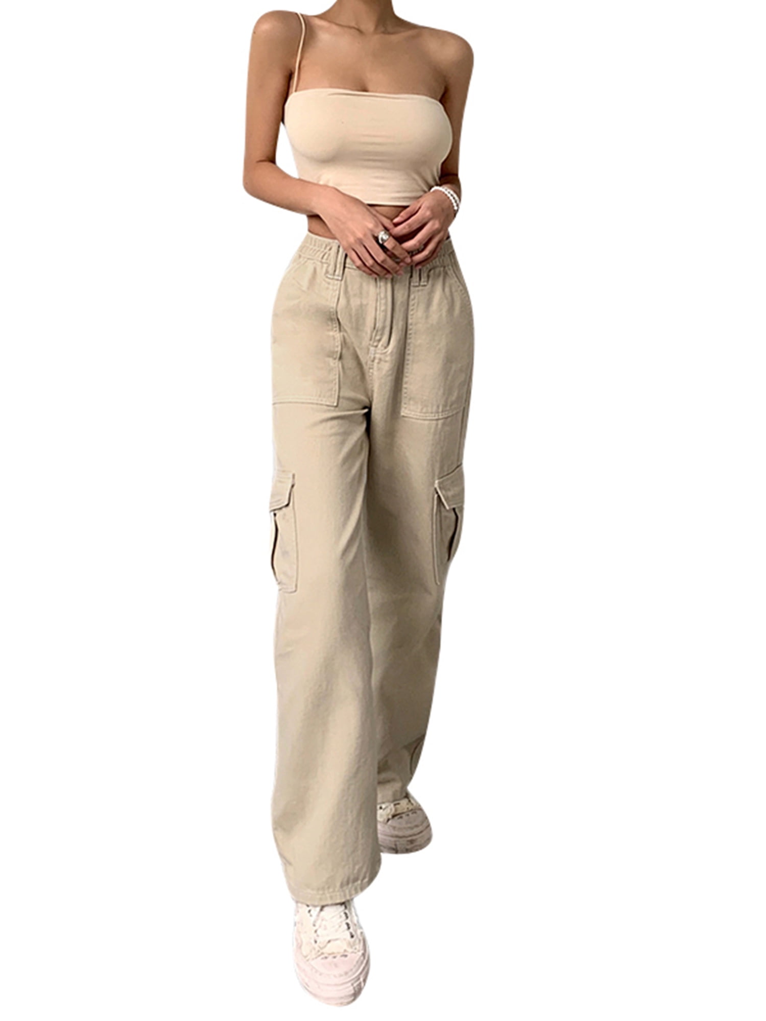 Michellecmm Women Solid Color Cargo Pants, High Waist Straight-leg ...