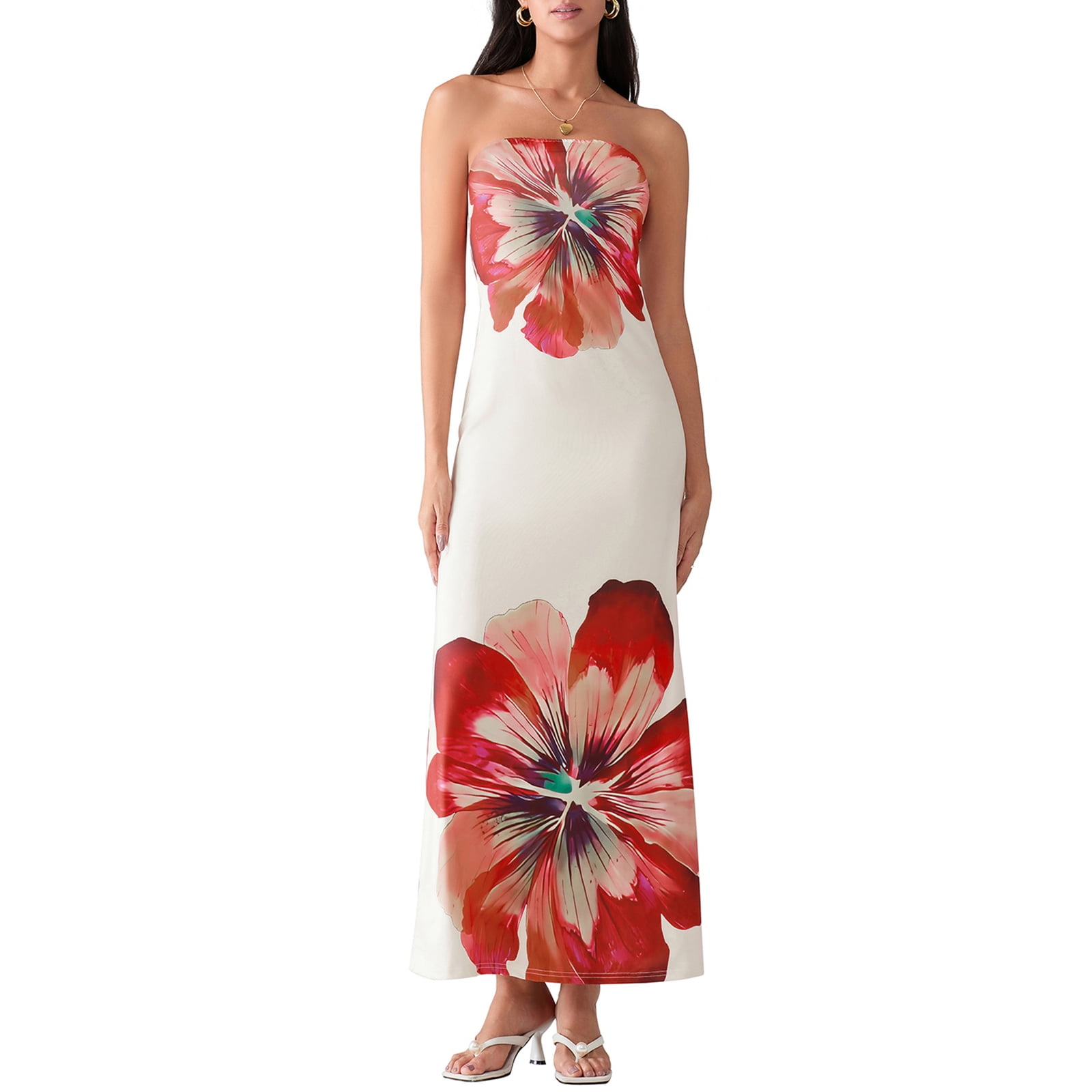 Michellecmm Women Strapless Tube Dress Summer Floral Print Backless ...