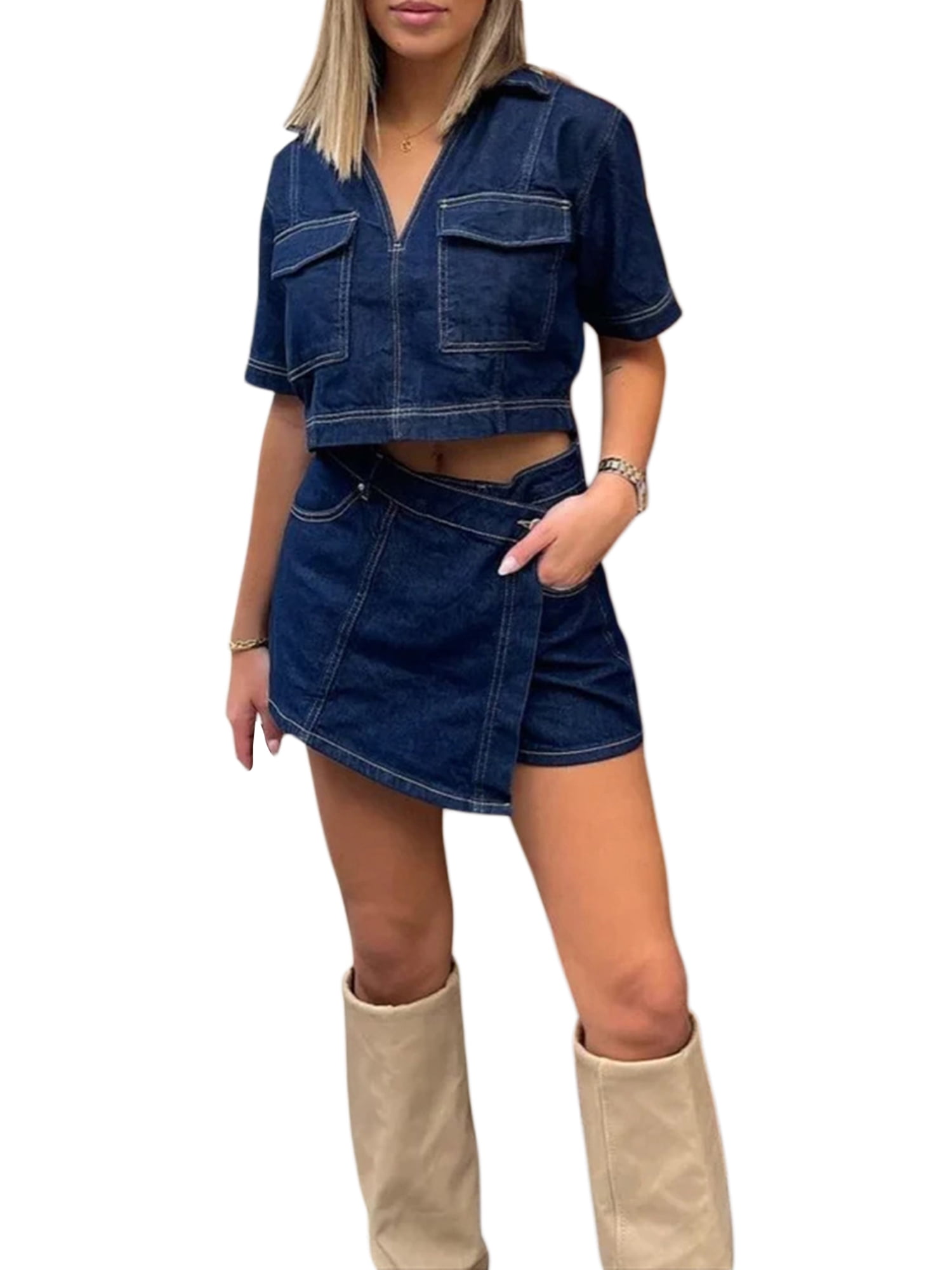 Michellecmm Women’s 2 Piece Denim Outfits Short Sleeve Lapel Jean Tops ...