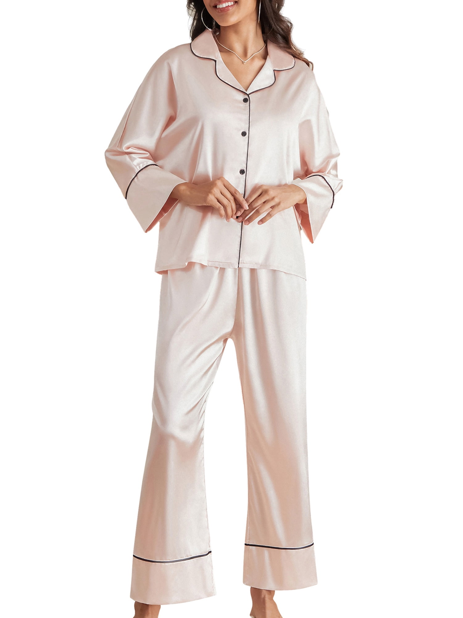 Michellecmm Women’s 2 Piece Satin Pajamas Set Long Sleeve Button Down ...