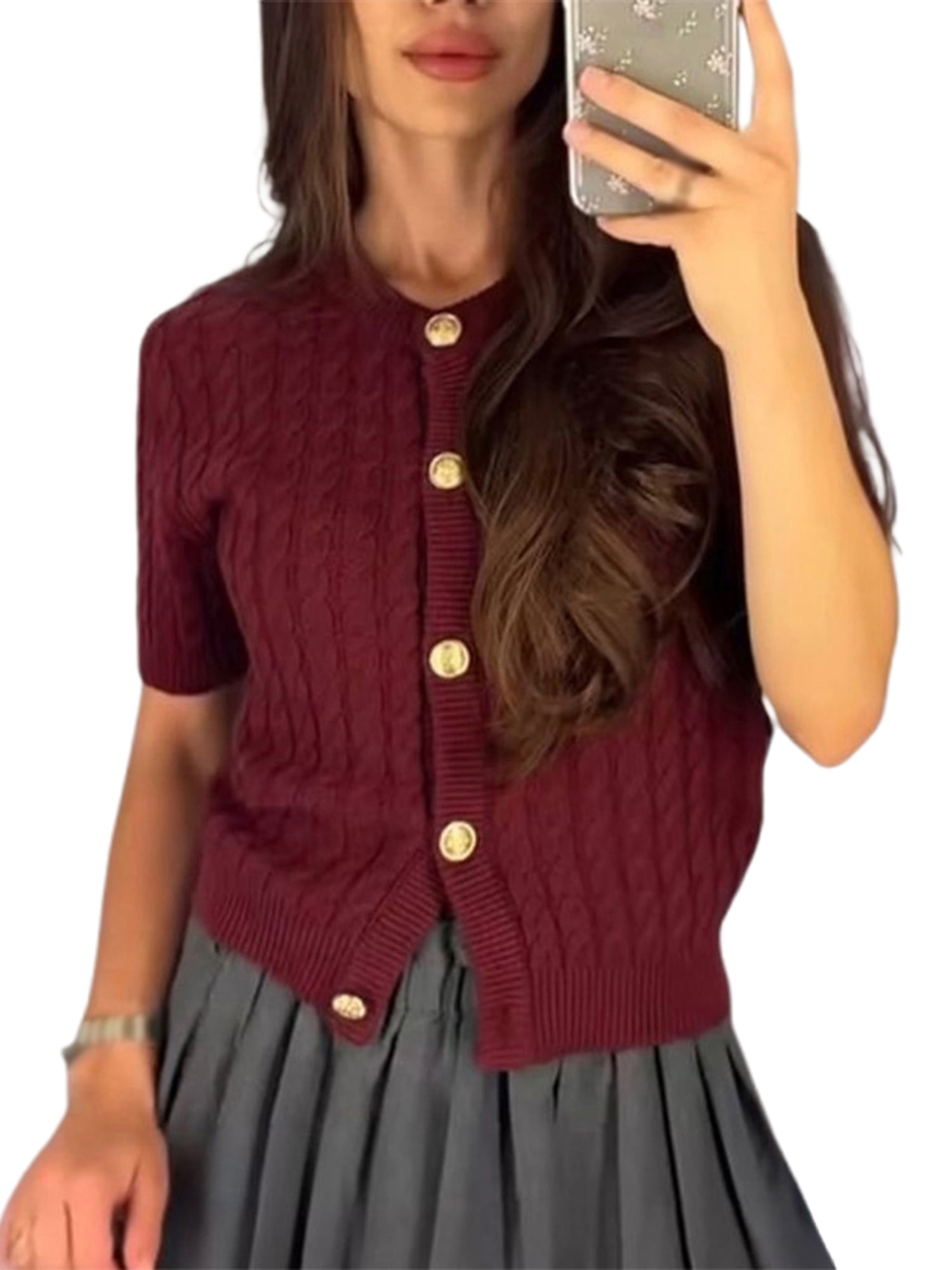 Michellecmm Women's Cable Knit Cardigan Solid Color Round Neck Short ...