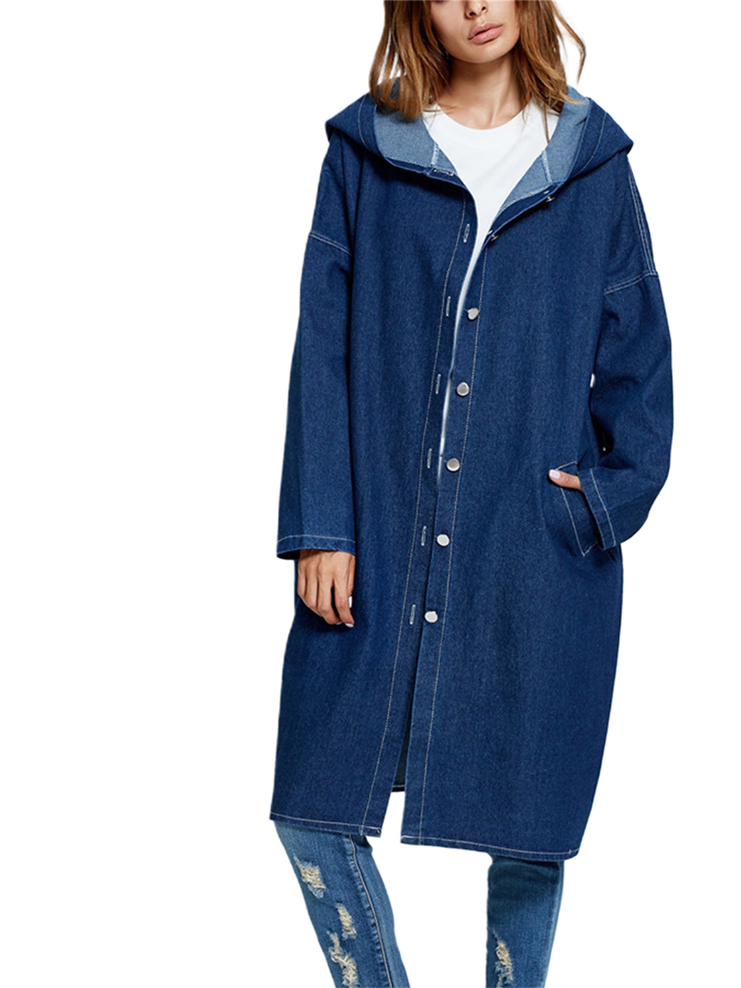 Michellecmm Women's Denim Trench Coat Long Sleeve Hood Long Jean Jacket ...