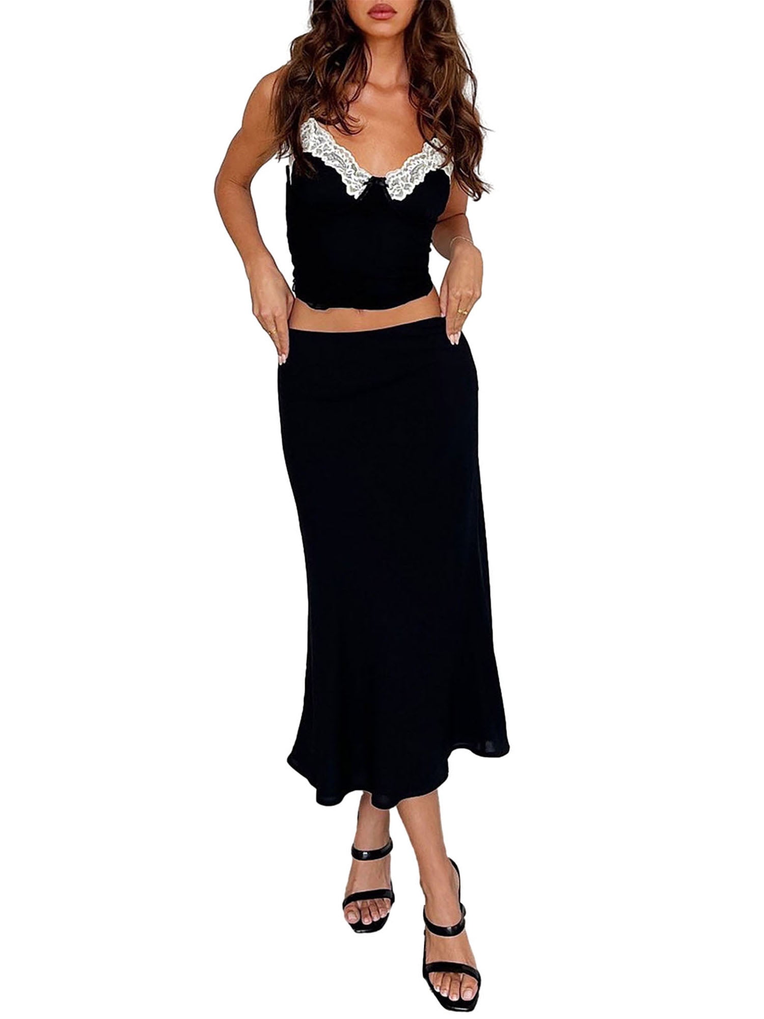 Michellecmm Women’s Lace Trim Cami Tops + Midi Skirt with Side Zipper ...