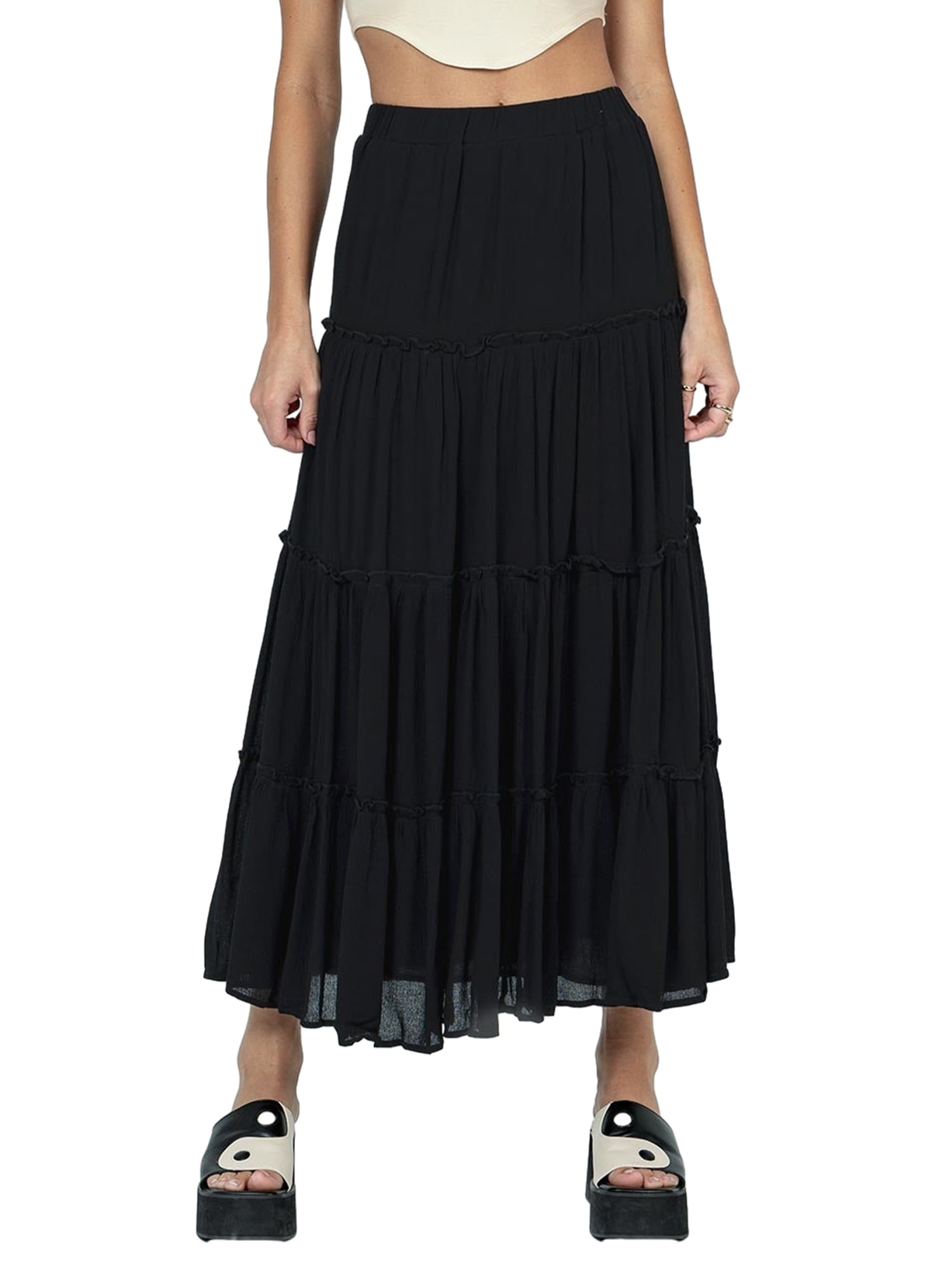 Michellecmm Women's Long Skirts Floral Print/Solid Color Elastic Waist ...