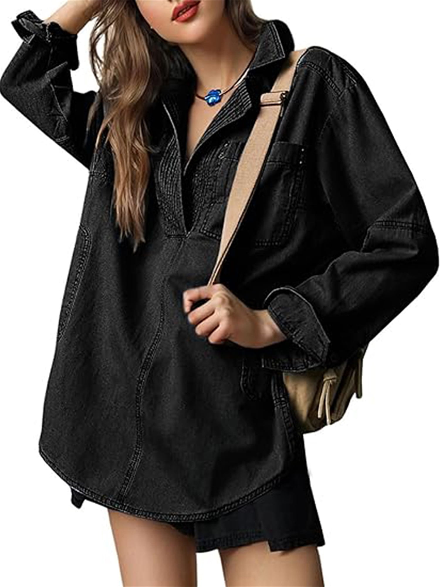 Michellecmm Women's Long Sleeve Denim Tops Casual V Neck Loose Fit Jean ...