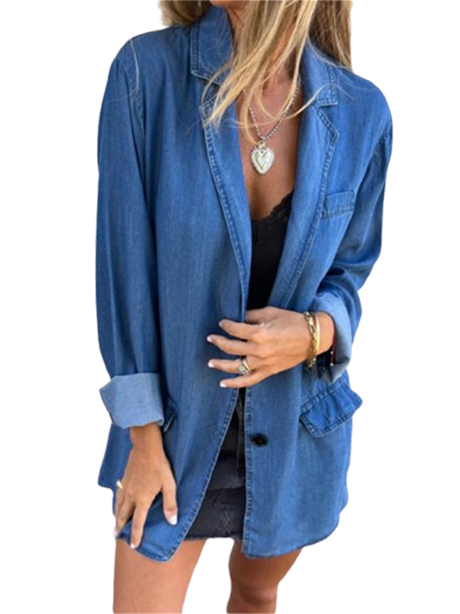 Michellecmm Women's Oversized Denim Jacket Vintage Long Sleeve Button ...