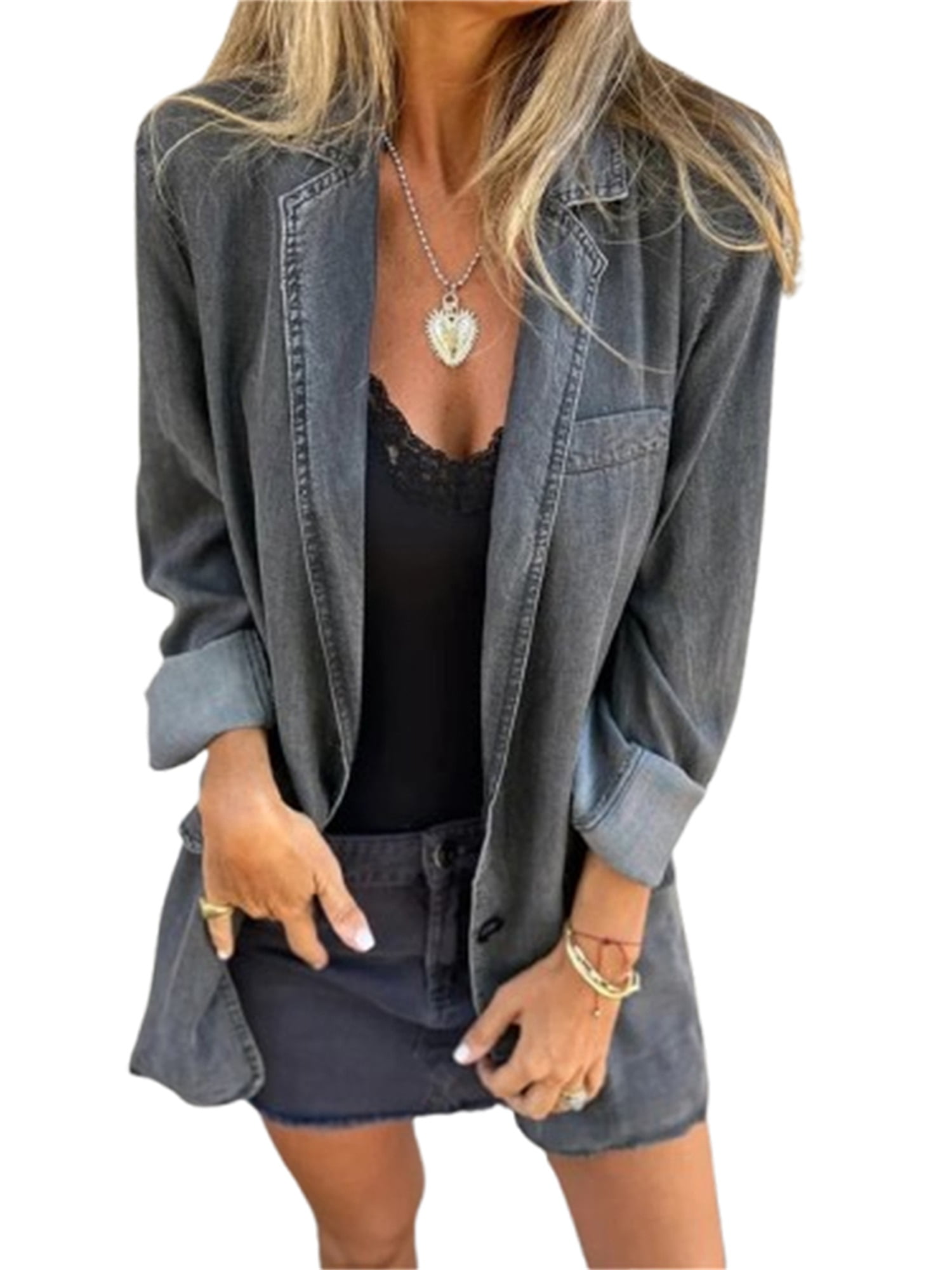 Michellecmm Women's Oversized Denim Jacket Vintage Long Sleeve Button ...