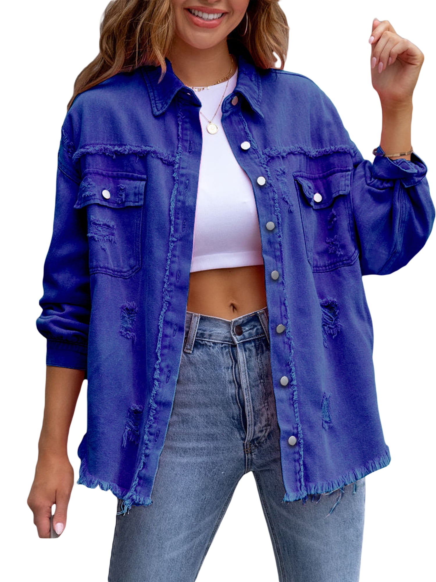 Michellecmm Women's Ripped Distressed Denim Jacket Long Sleeve Button ...