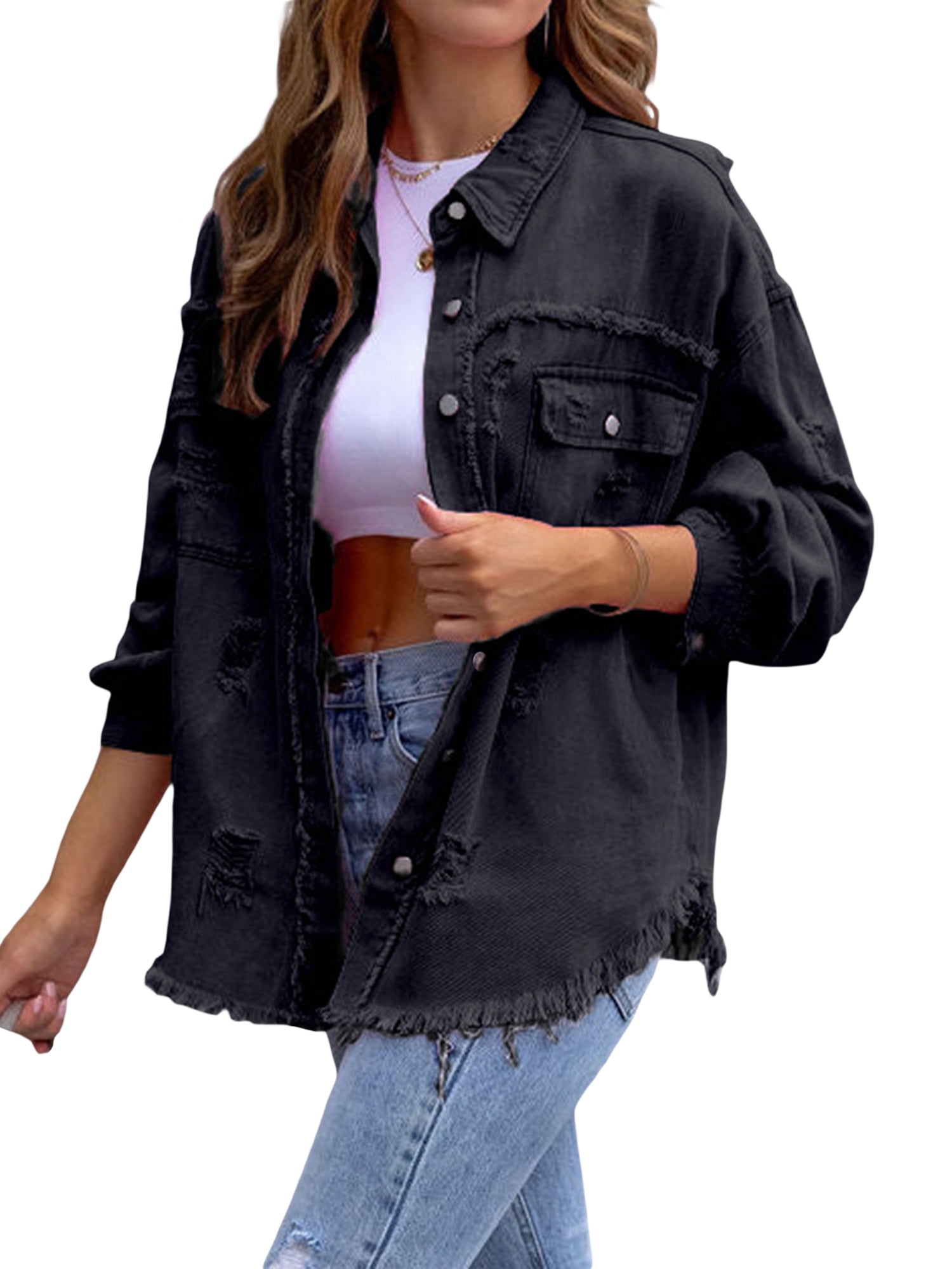 Michellecmm Women's Ripped Distressed Denim Jacket Long Sleeve Button ...