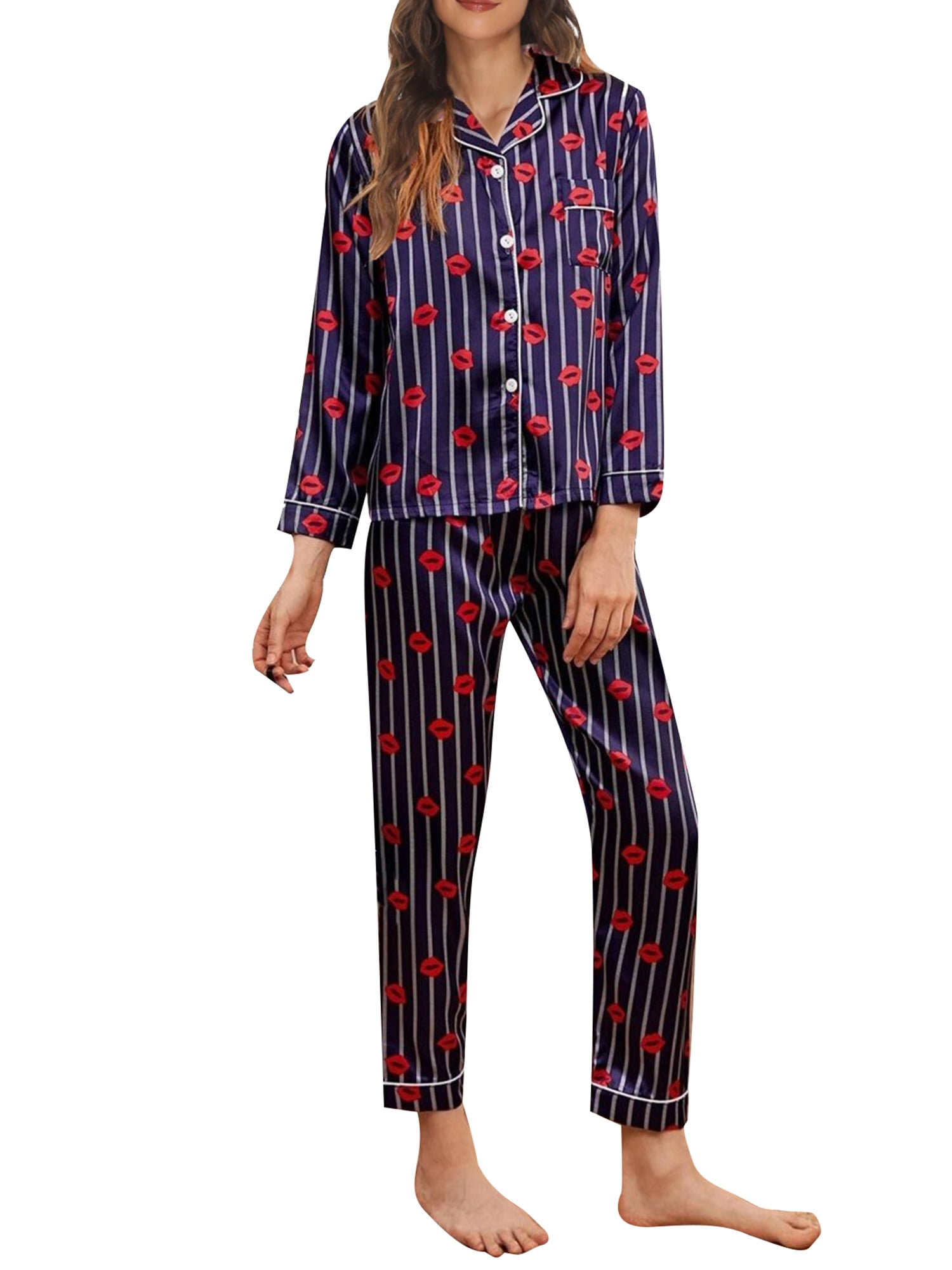 Michellecmm Women's Satin Pajama Set Lapel Neck Long Sleeve Button Down ...