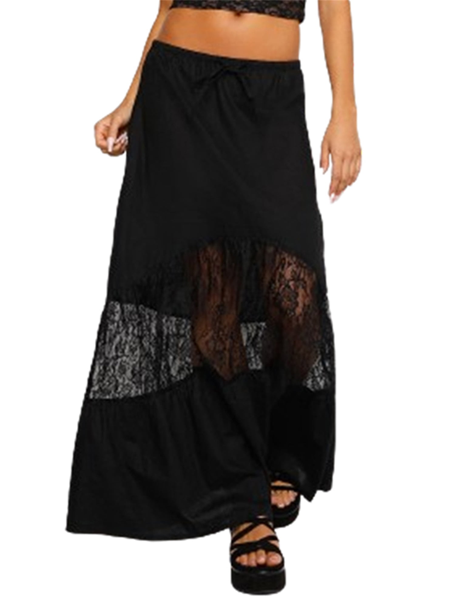 Michellecmm Women's Solid Color Long Skirts Low Waist Lace Patchwork ...