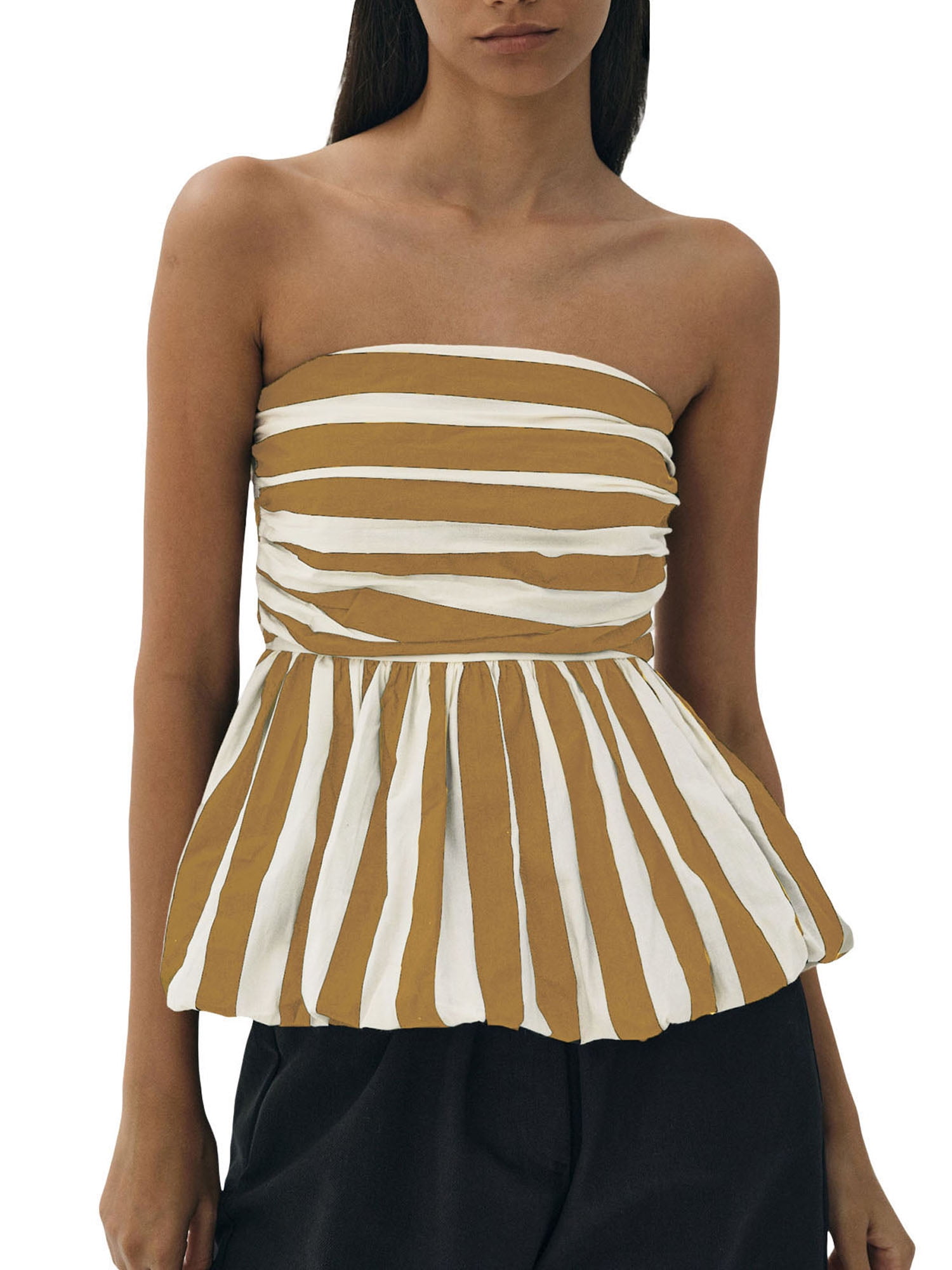 Michellecmm Women's Strapless Peplum Tops Stripe Print Ruched Backless ...