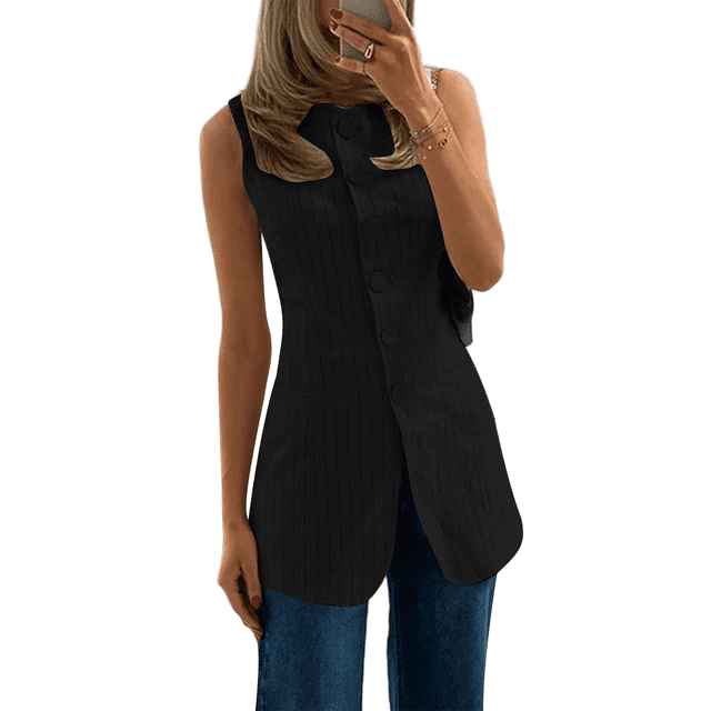 Michellecmm Women's Striped Long Vest Tops Button-up Sleeveless Dressy ...
