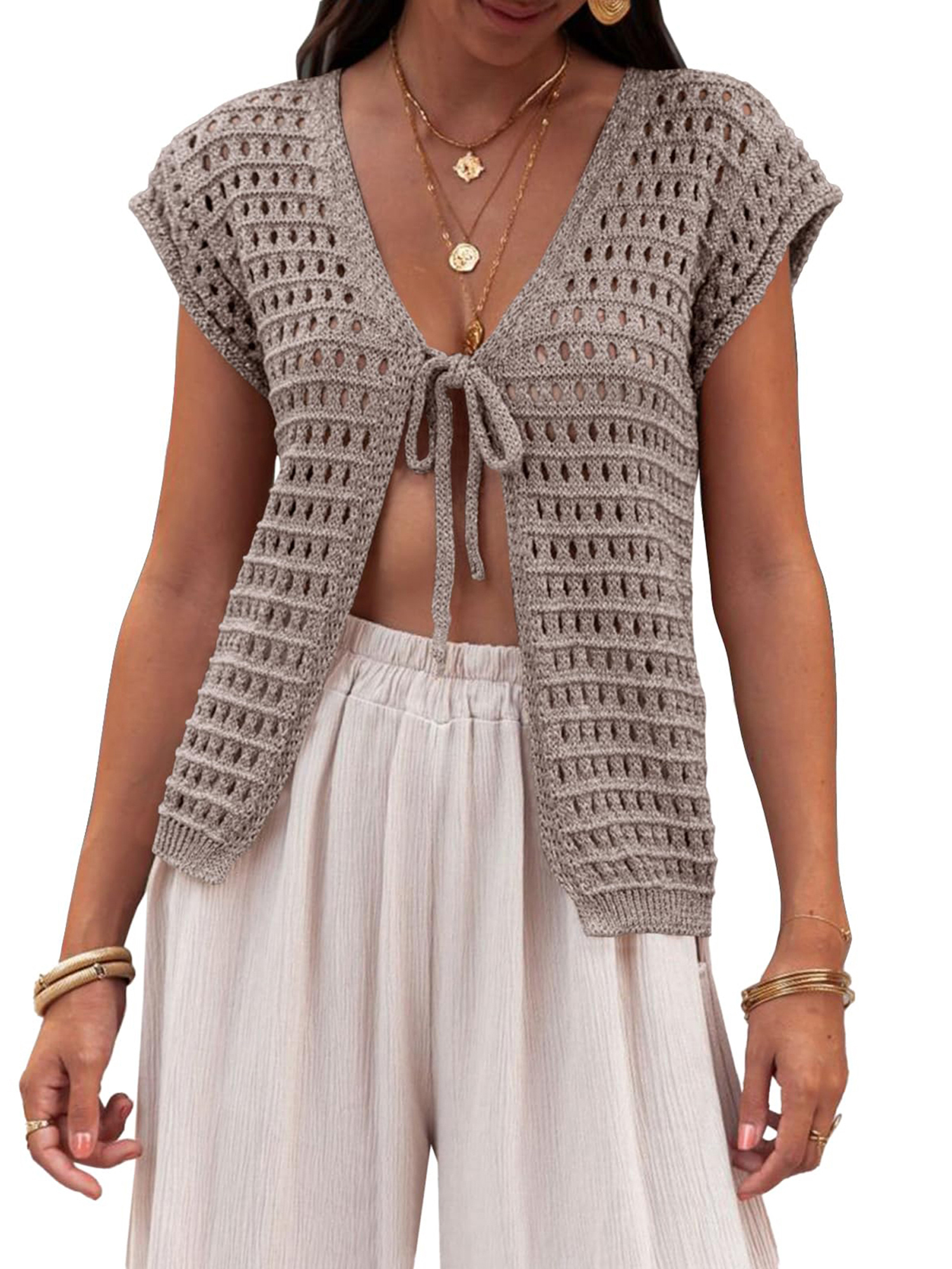 Michellecmm Womens Tie Front Knit Cardigan V-Neck Short Sleeve Hollow ...